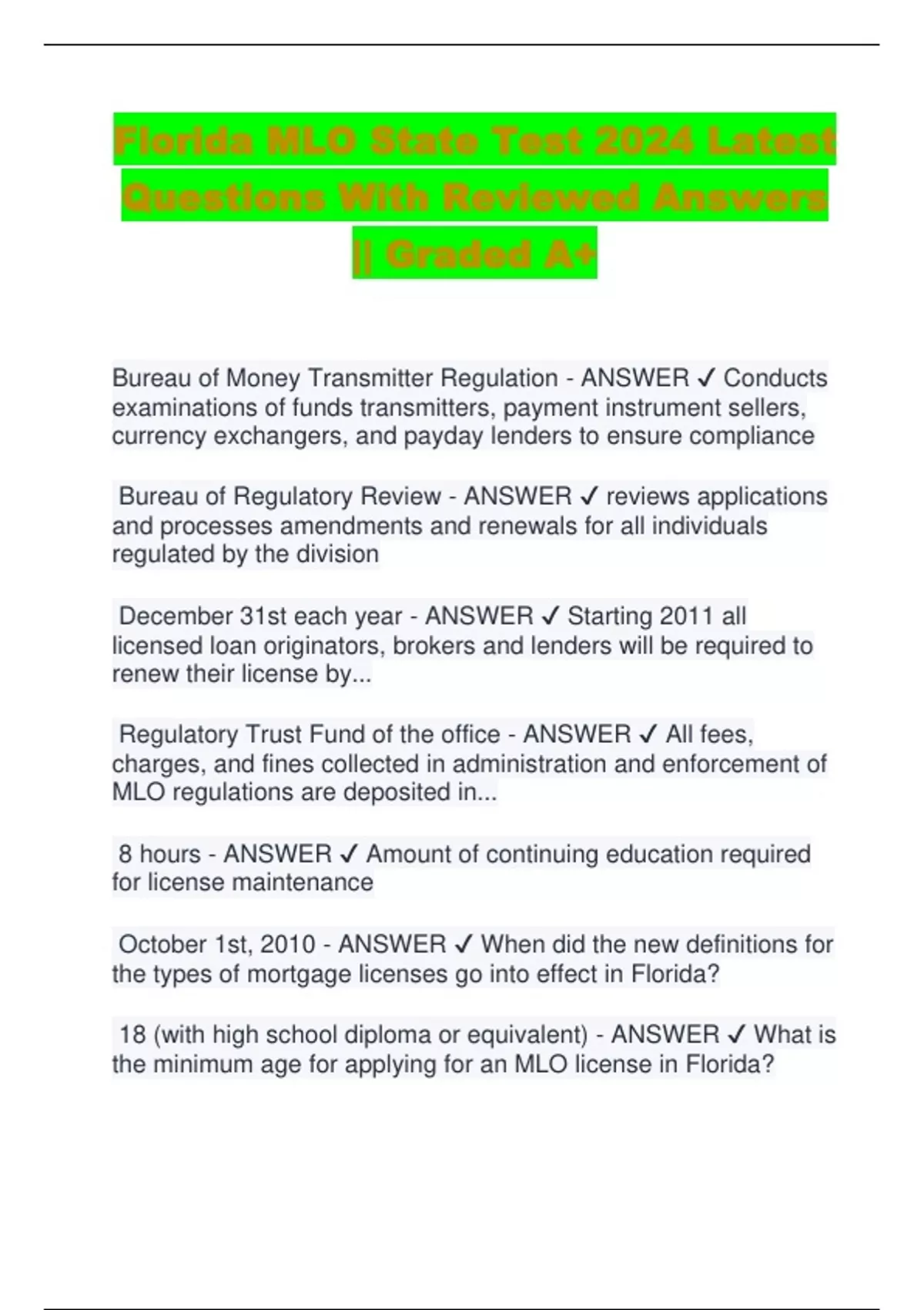 Florida MLO State Test 2024 Latest Questions With Reviewed Answers ...