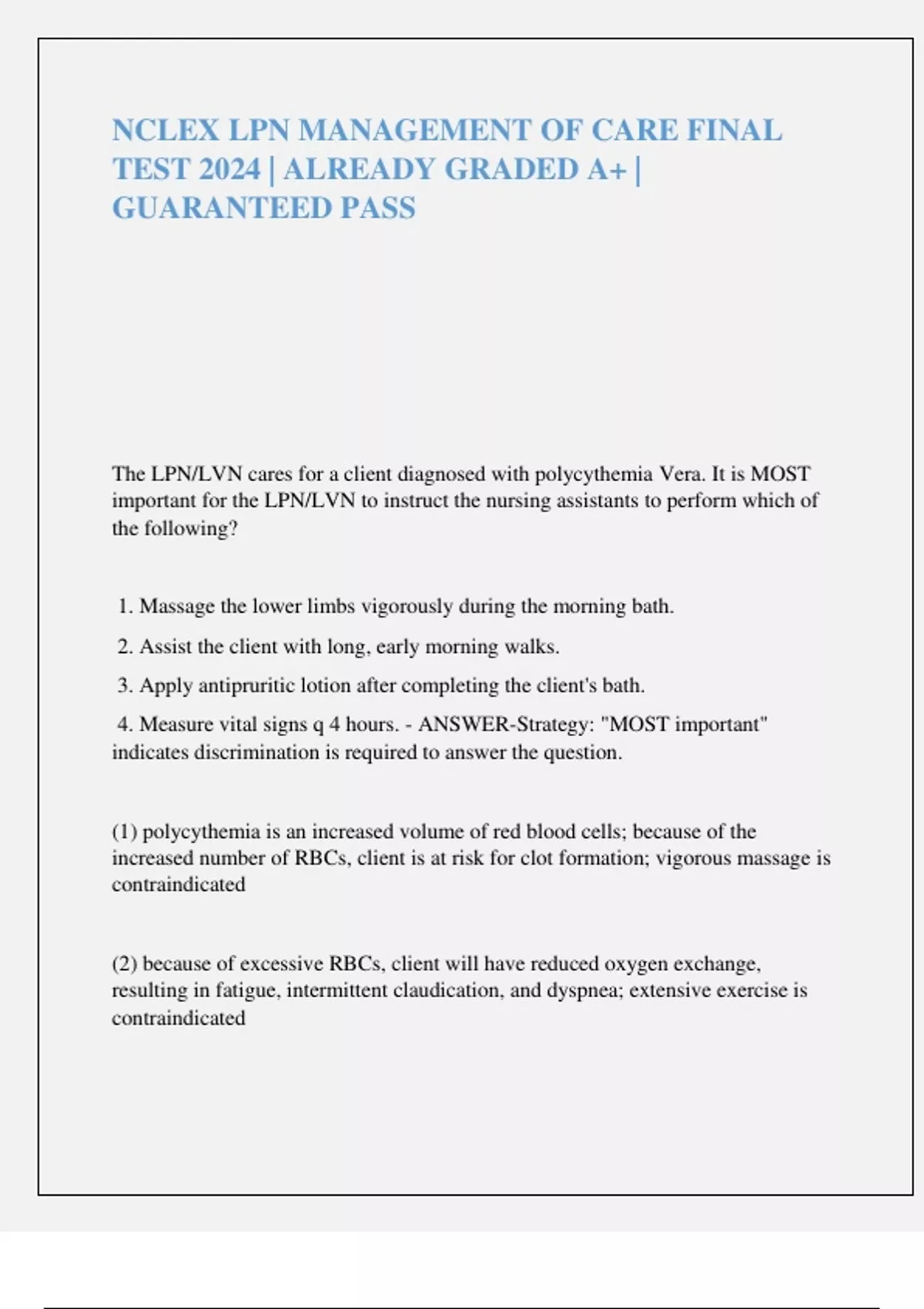 NCLEX LPN MANAGEMENT OF CARE FINAL TEST 2024 | ALREADY GRADED A+ ...