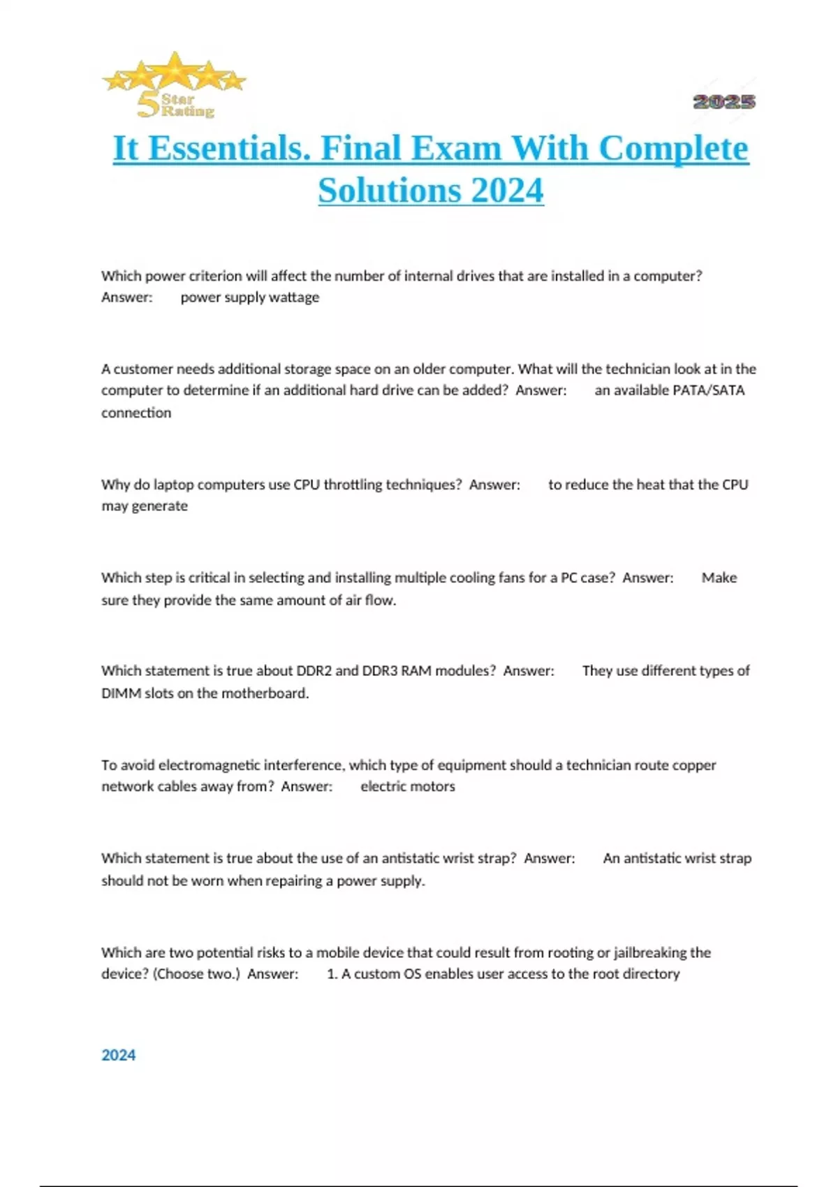 It Essentials. Final Exam With Complete Solutions 2024 - IT ESSENTIALS ...