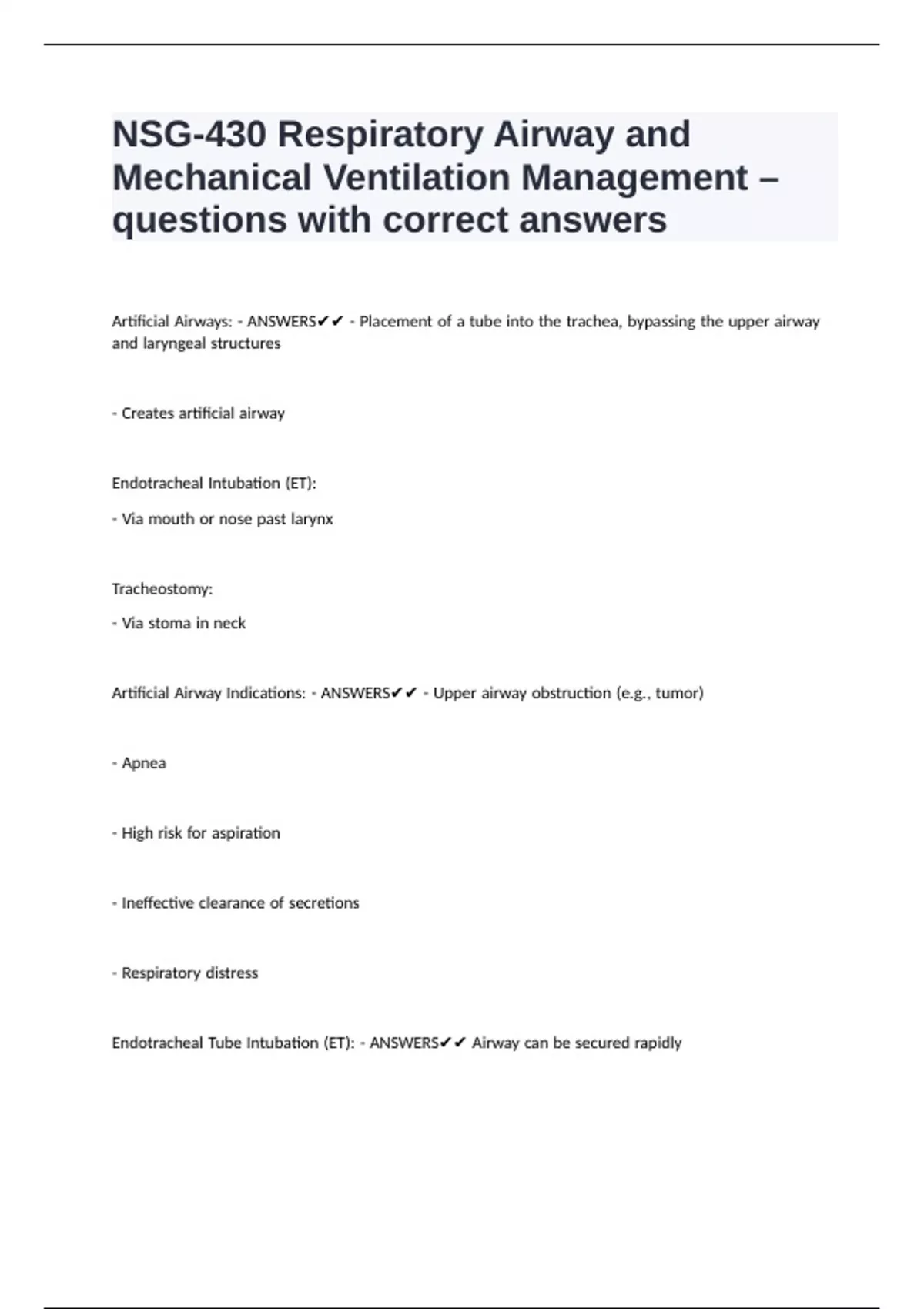 NSG-430 Respiratory Airway and Mechanical Ventilation Management ...