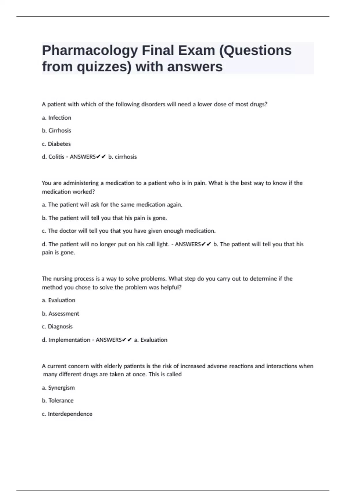 Pharmacology Final Exam (Questions from quizzes) with answers ...