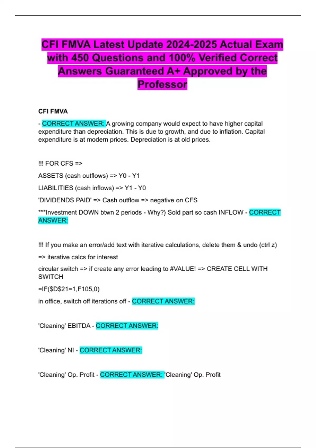 CFI FMVA Latest Update Actual Exam with 450 Questions and 100% Verified ...