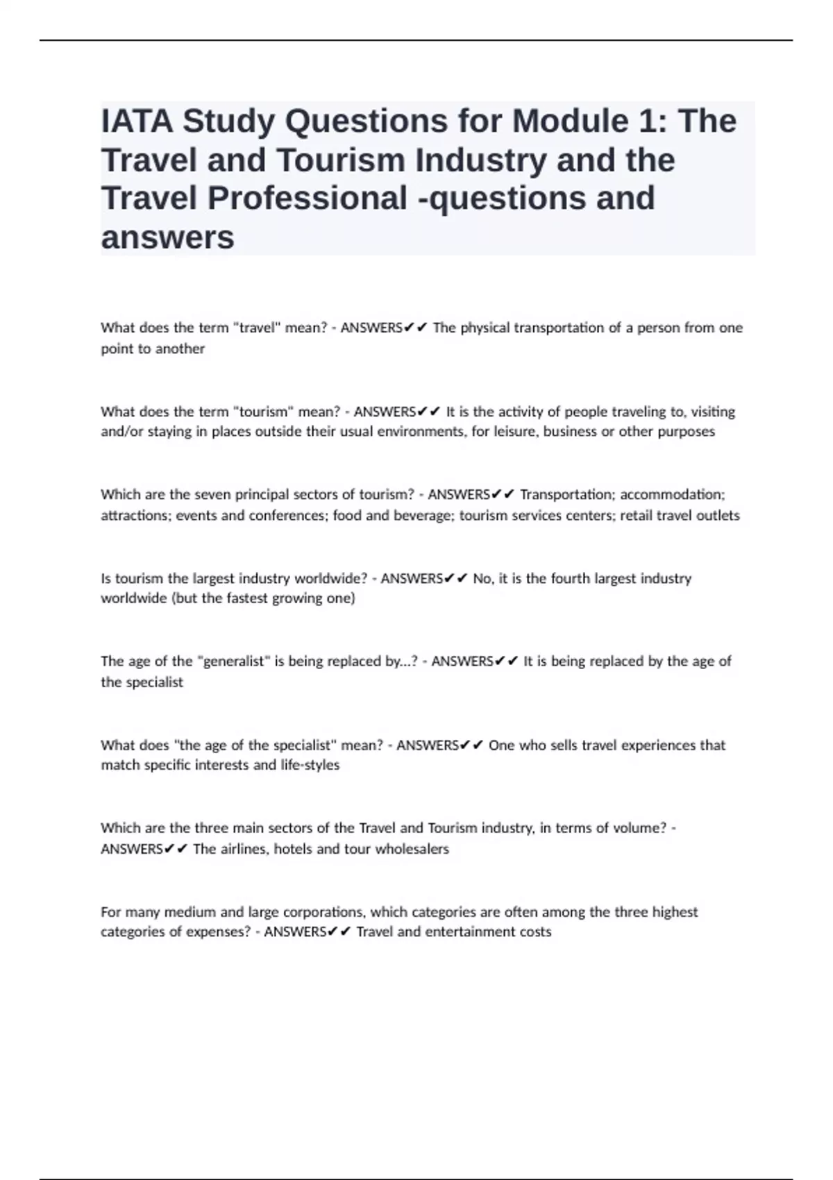 IATA Study Questions for Module 1: The Travel and Tourism Industry and ...