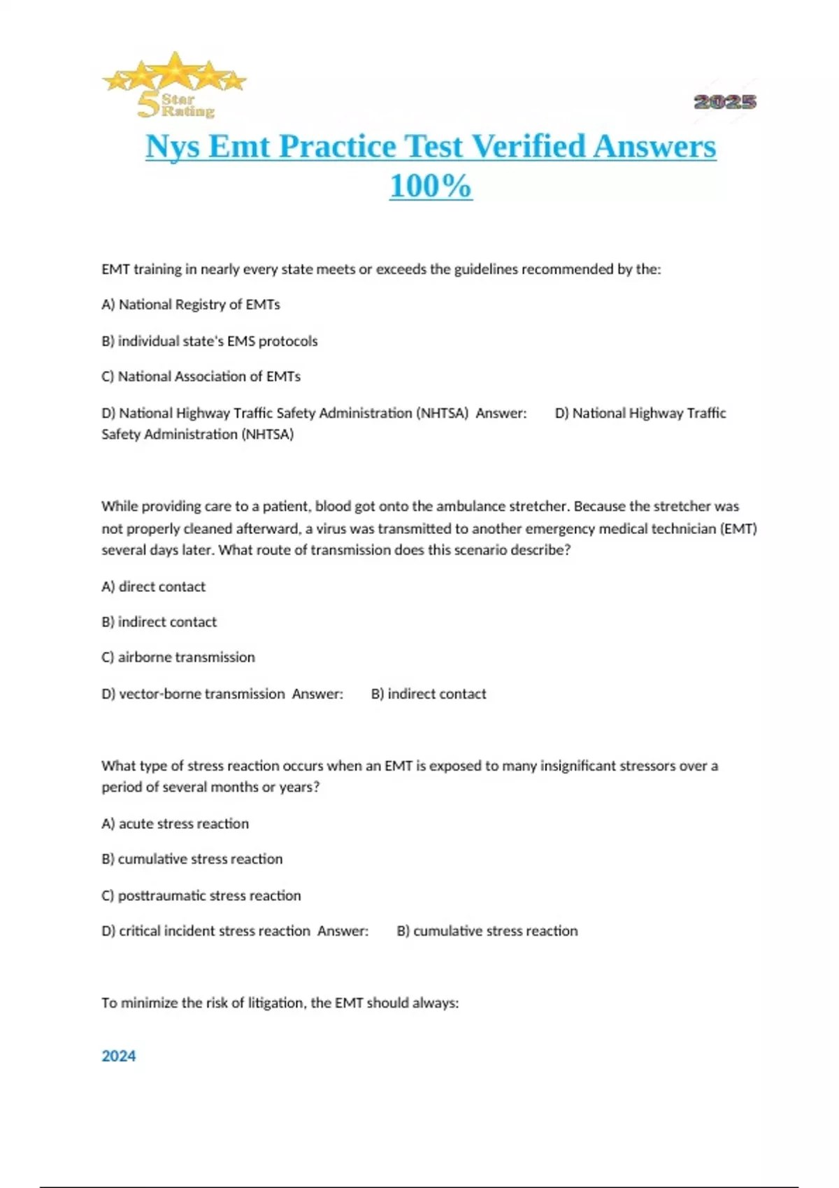 Nys Emt Practice Test Verified Answers 100% - Ny Emt - Stuvia US