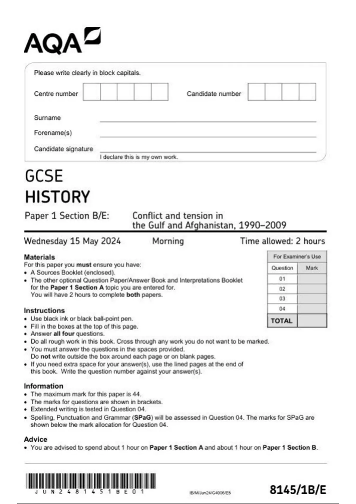 AQA GCSE History8145 1B E question paper History 15May 2024 - Aqa ...