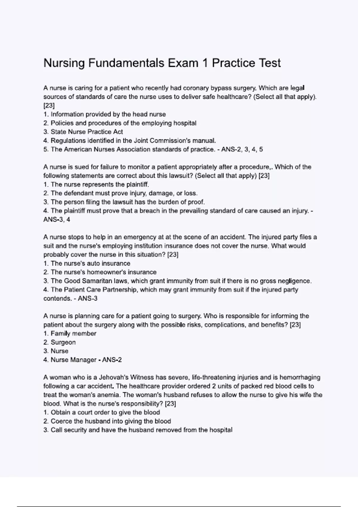 Nursing Fundamentals Exam 1 Practice Test Questions And 100 Verified