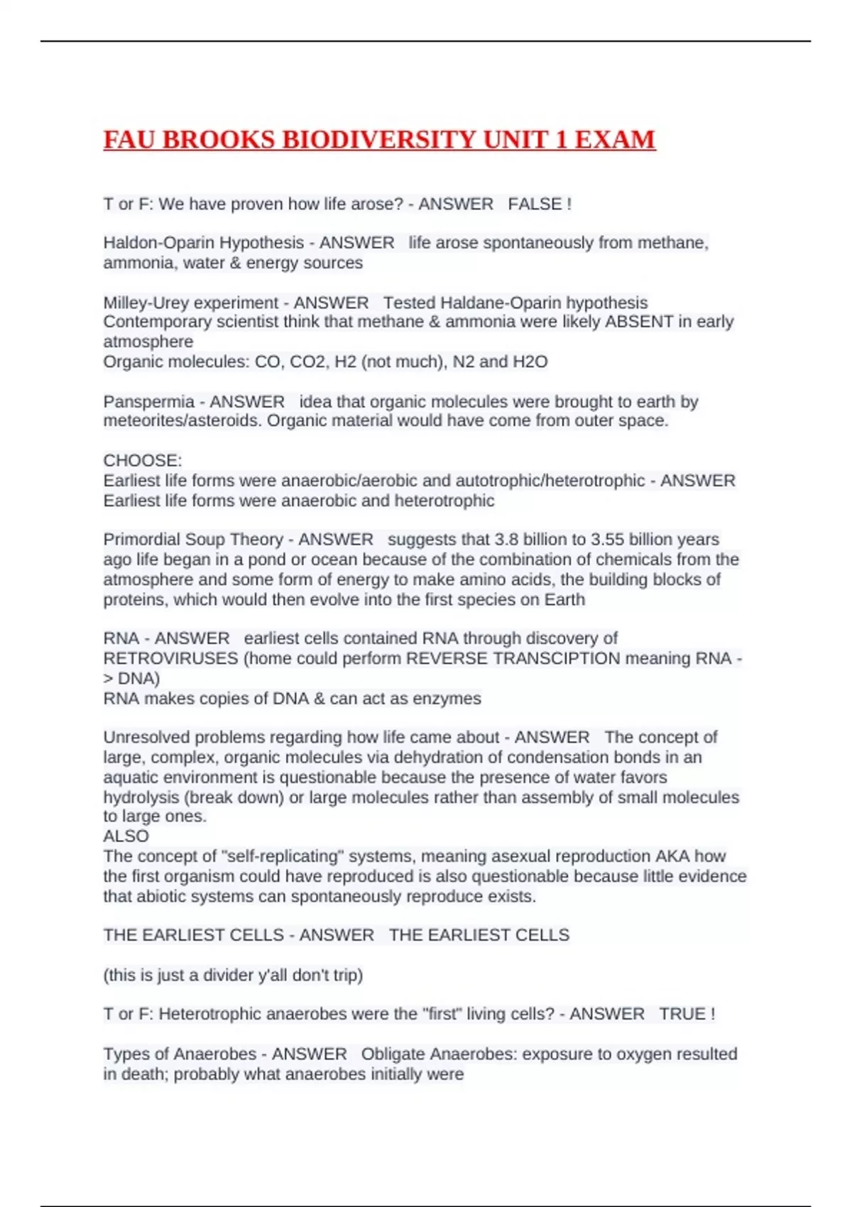 FAU BROOKS BIODIVERSITY UNIT 1 EXAM - FAU BROOKS BIODIVERSITY - Stuvia US