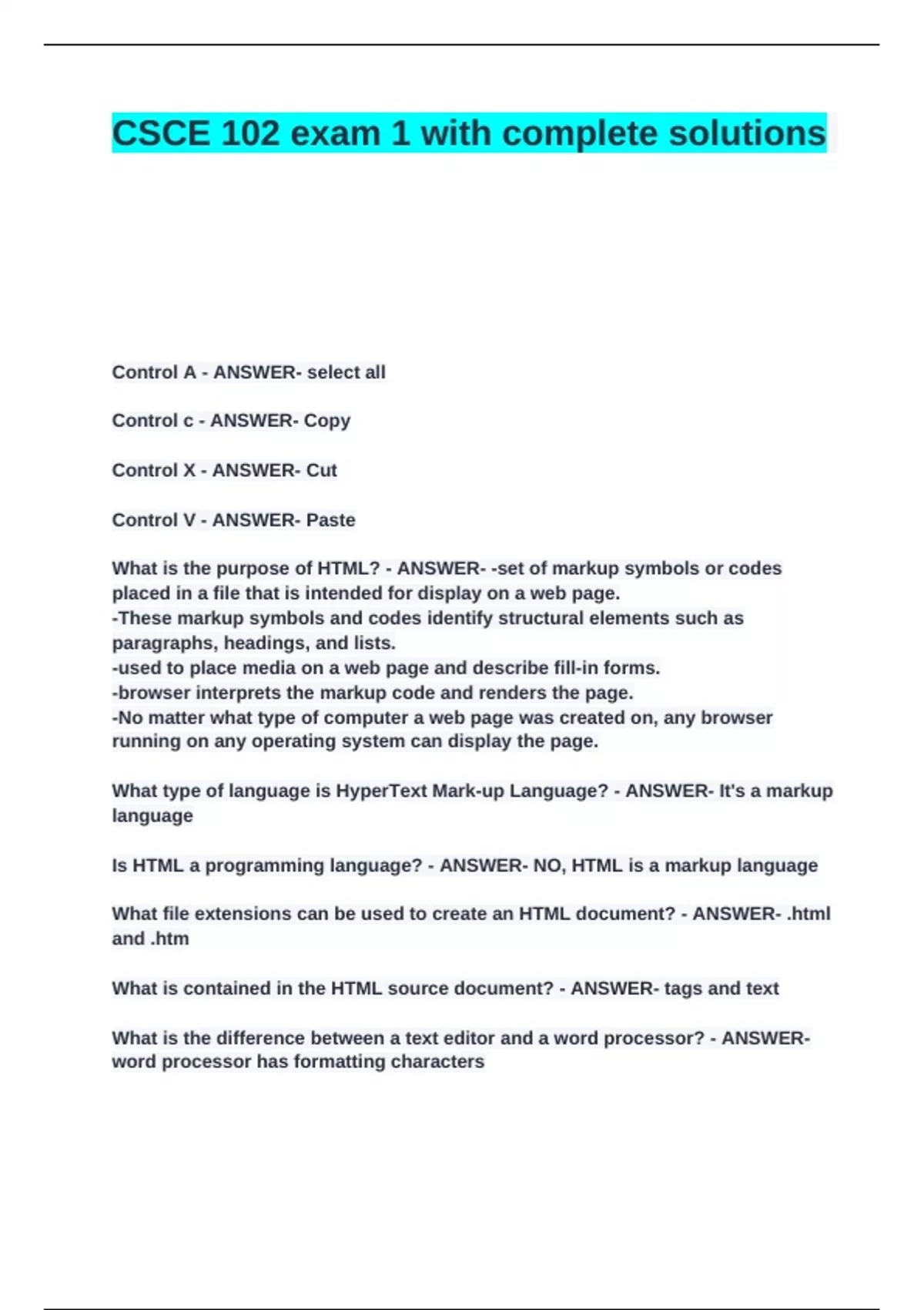 CSCE 102 exam 1 with complete solutions - CSCE - Stuvia US