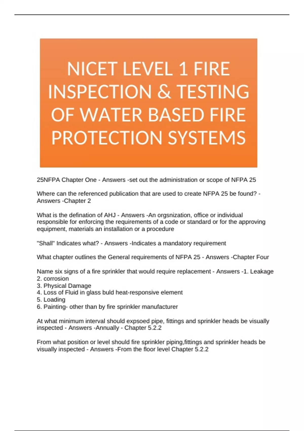NICET LEVEL 1 FIRE INSPECTION & TESTING OF WATER BASED FIRE PROTECTION ...