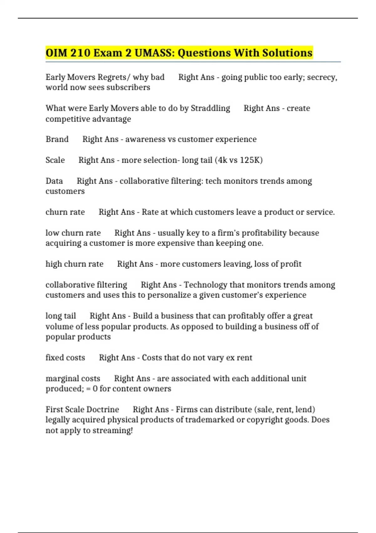 OIM 210 Exam 2 UMASS: Questions With Solutions - OIM 210 - Stuvia US