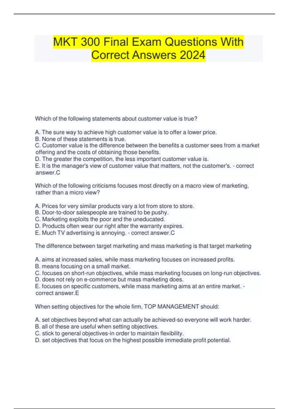 MKT 300 Final Exam Questions With Correct Answers 2024 - MKT 300 ...