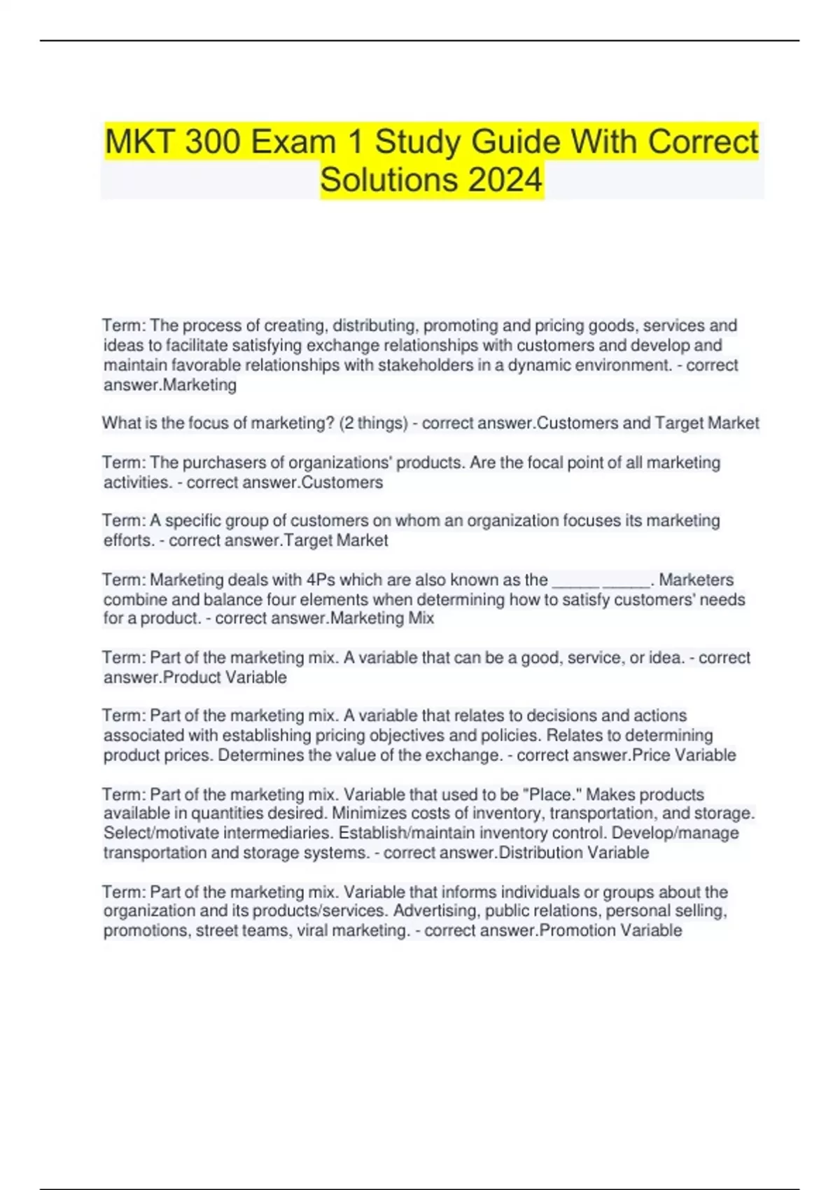MKT 300 Exam 1 Study Guide With Correct Solutions 2024 - MKT 300 ...