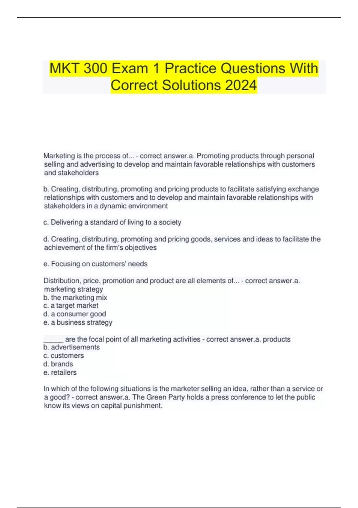 MKT 300 Exam 1 Practice Questions With Correct Solutions 2024 - MKT 300 - Stuvia US