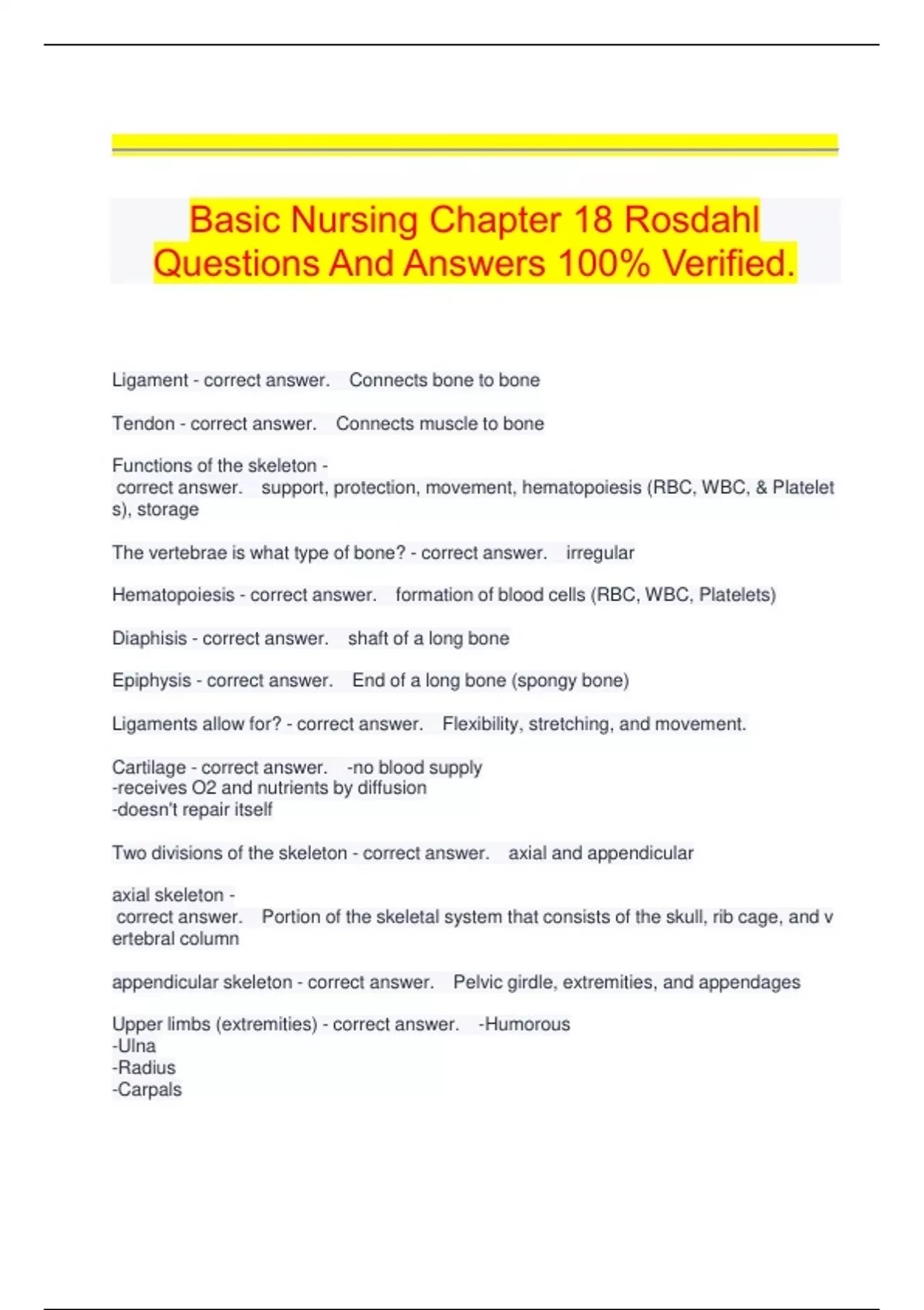 Basic Nursing Chapter 18 Rosdahl Questions And Answers 100% Verified ...