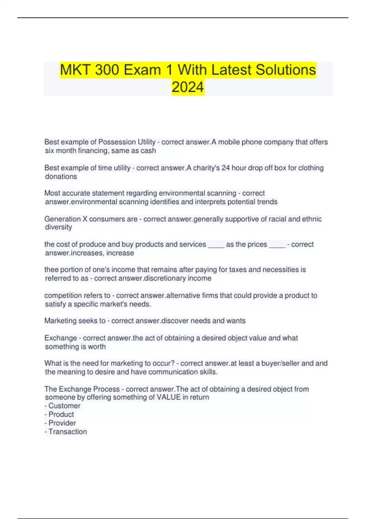 MKT 300 Exam 1 With Latest Solutions 2024 - MKT 300 - Stuvia US