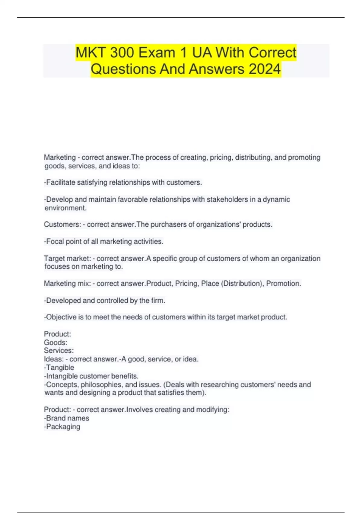 MKT 300 Exam 1 UA With Correct Questions And Answers 2024 - MKT 300 ...
