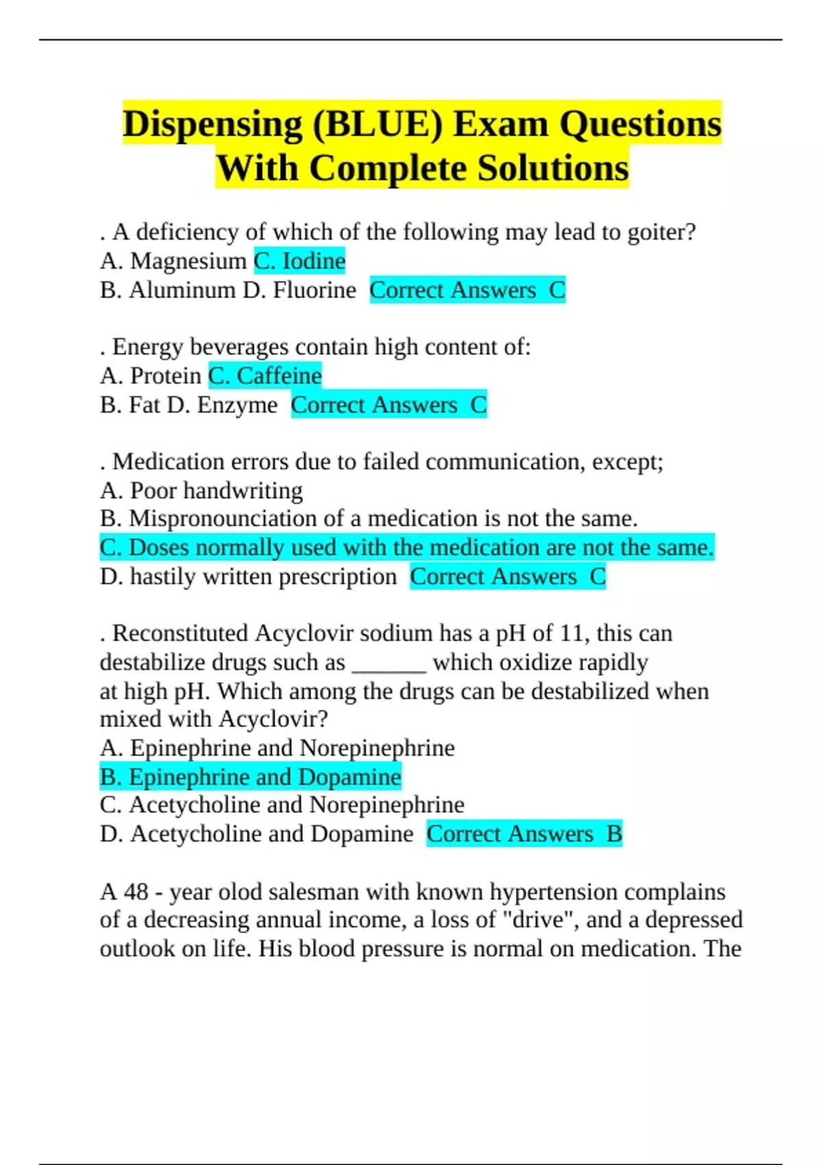 Dispensing (BLUE) Exam Questions With Complete Solutions - Licensed ...