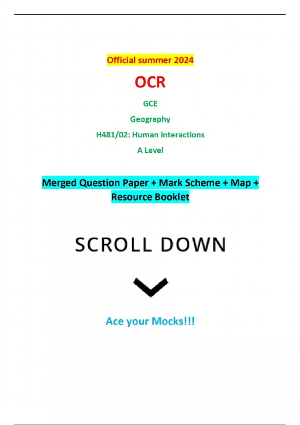 Official summer 2024 OCR GCE Geography H481/02: Human interactions A Level Merged Question Paper ...