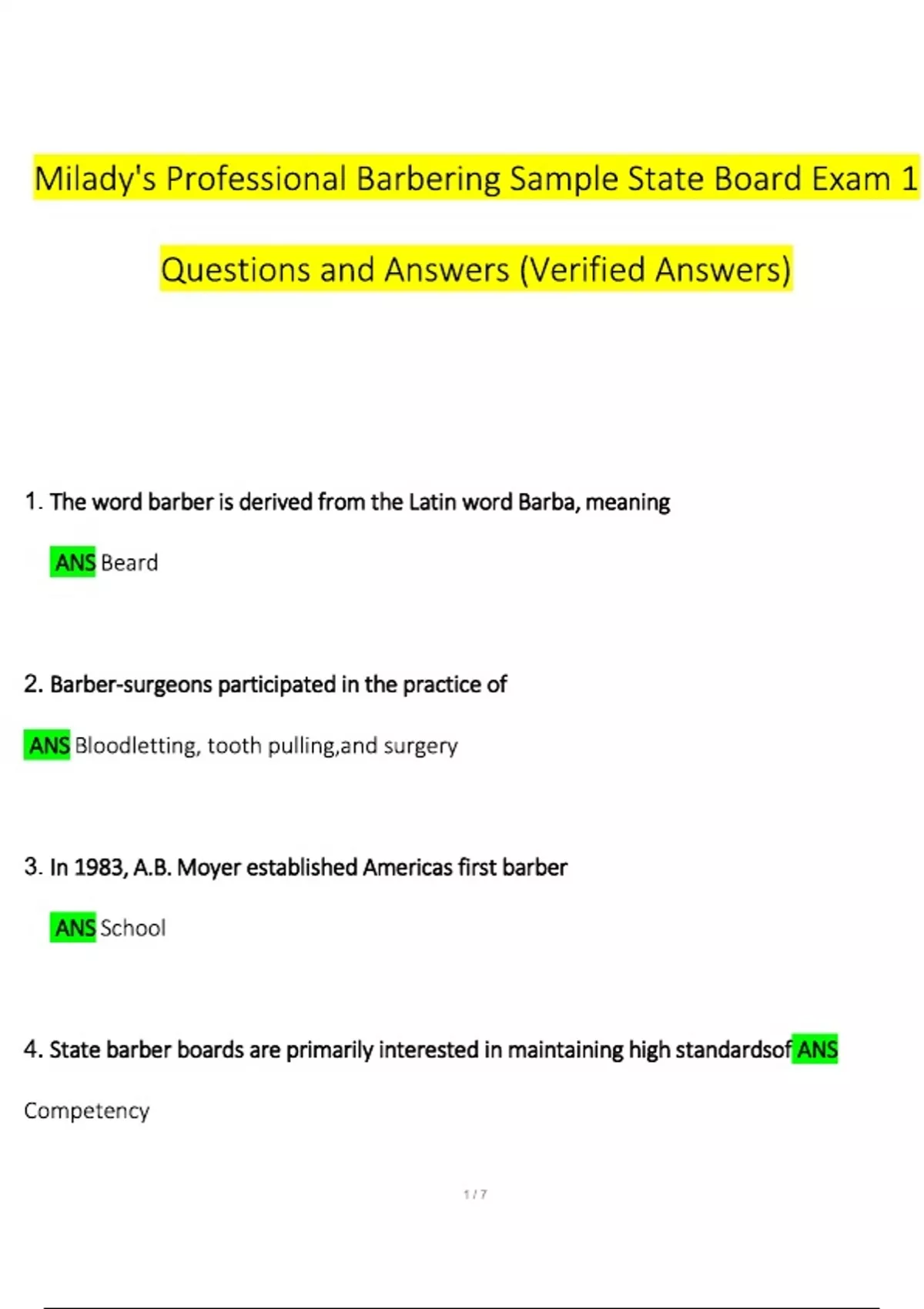 Milady's Professional Barbering Sample State Board Exam 1 Questions and ...