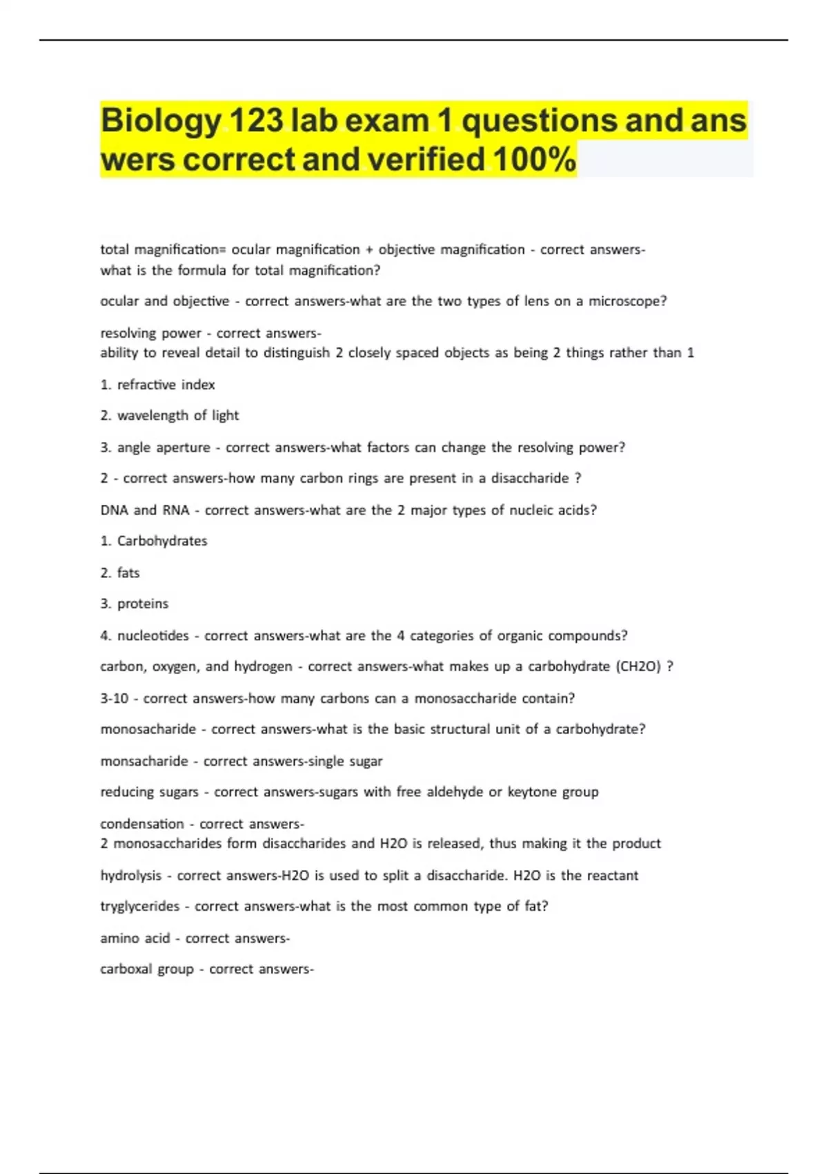 Biology 123 lab exam 1 questions and answers correct and verified 100% - Biology 123 - Stuvia US