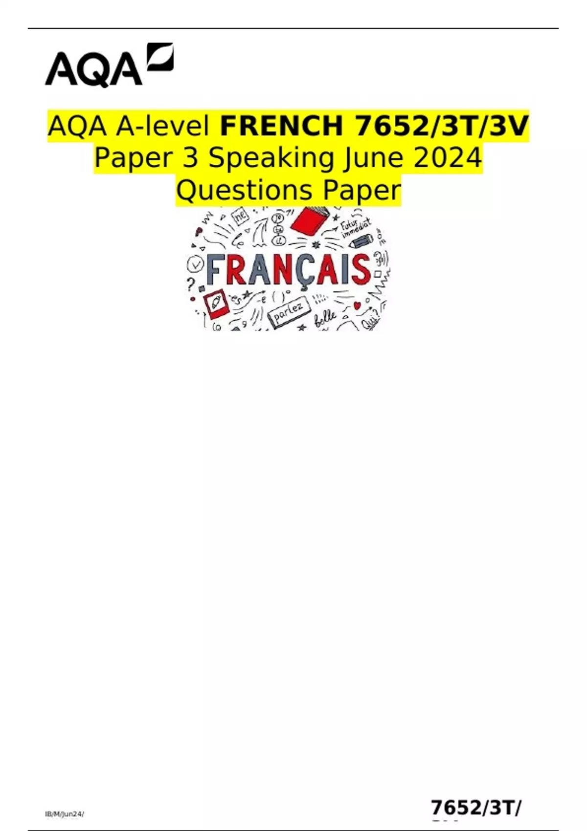 AQA A-level FRENCH 7652/3T/3V Paper 3 Speaking June 2024 Questions ...