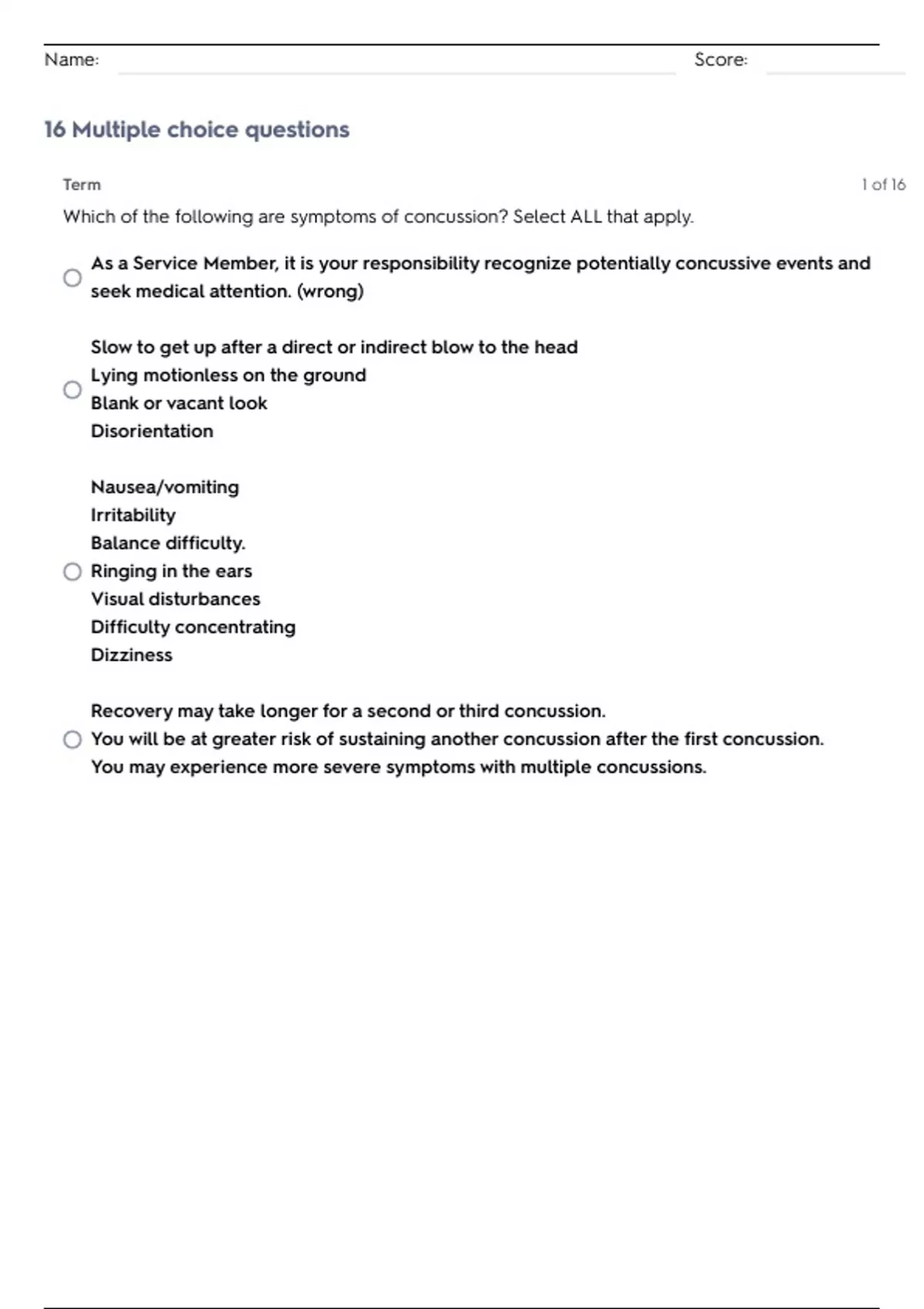 Concussion Training for Service Members (1 hr) JKO Questions With All ...