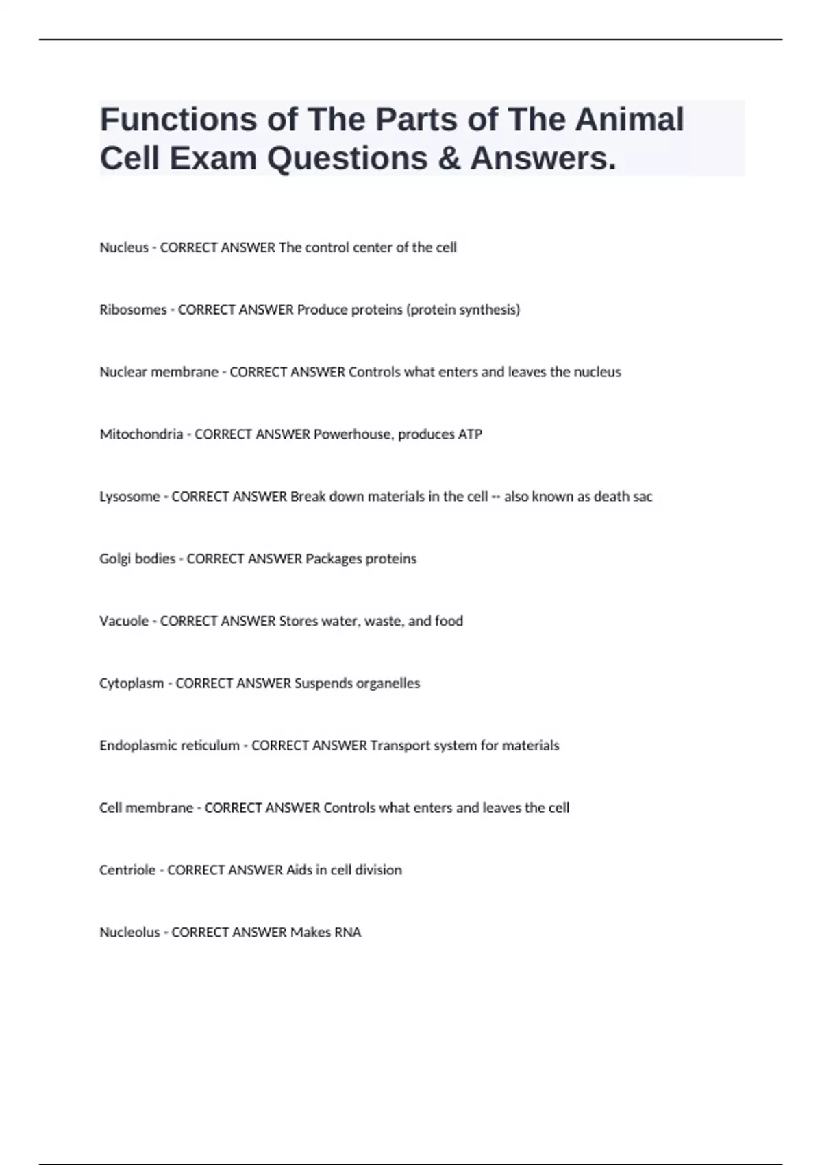 Functions of The Parts of The Animal Cell Exam Questions & Answers ...