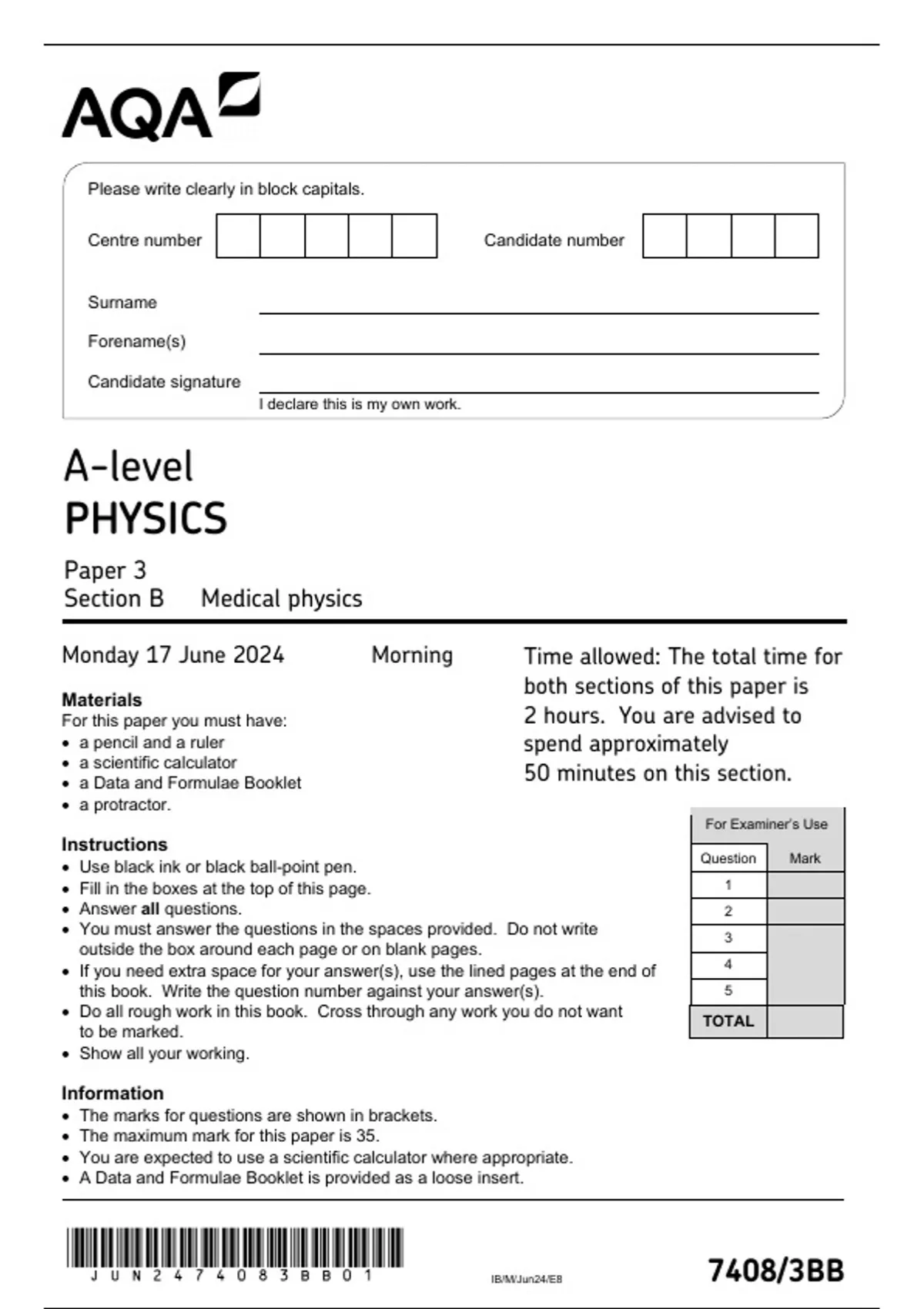 AQA A-level PHYSICS Paper 3 JUNE 2024 QUESTION PAPER (7408-3BB) Medical physics - AQA A-level ...