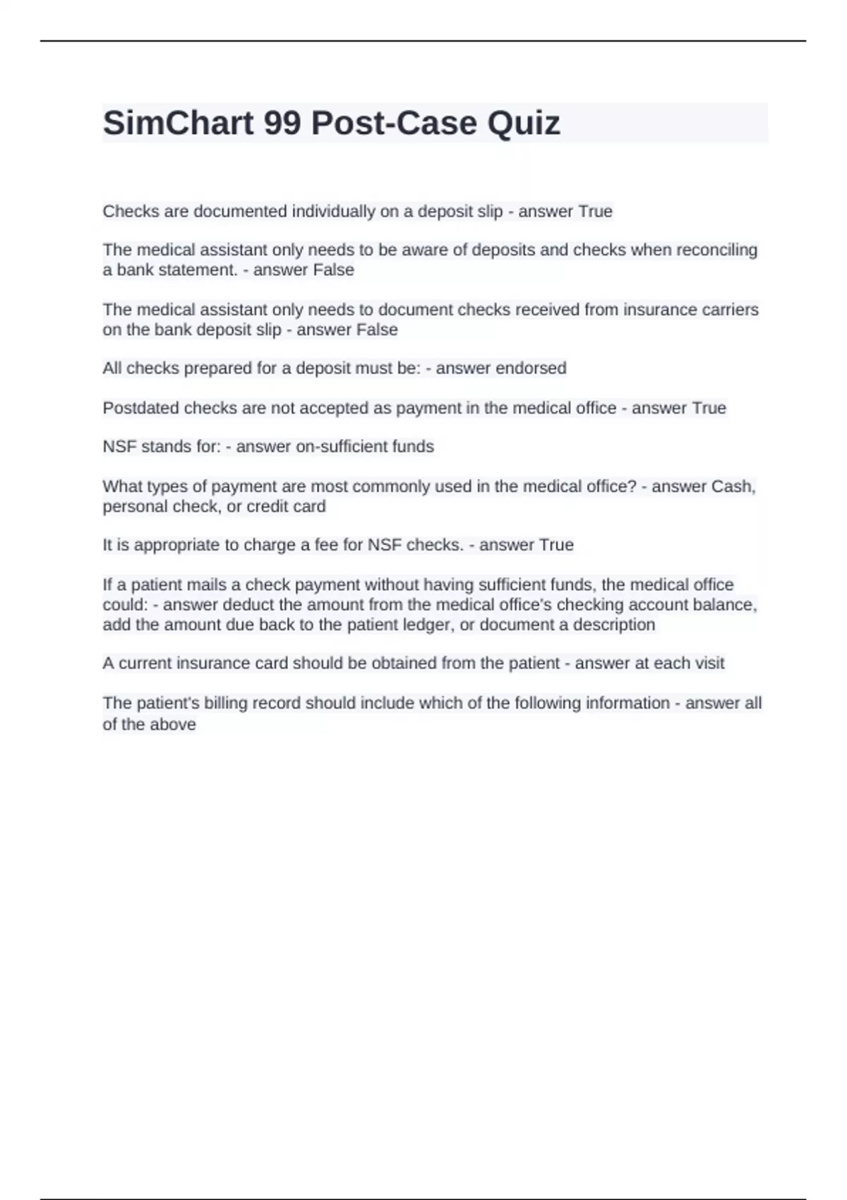 SimChart 99 Post-Case Quiz Questions and Answers Fully Solved ...