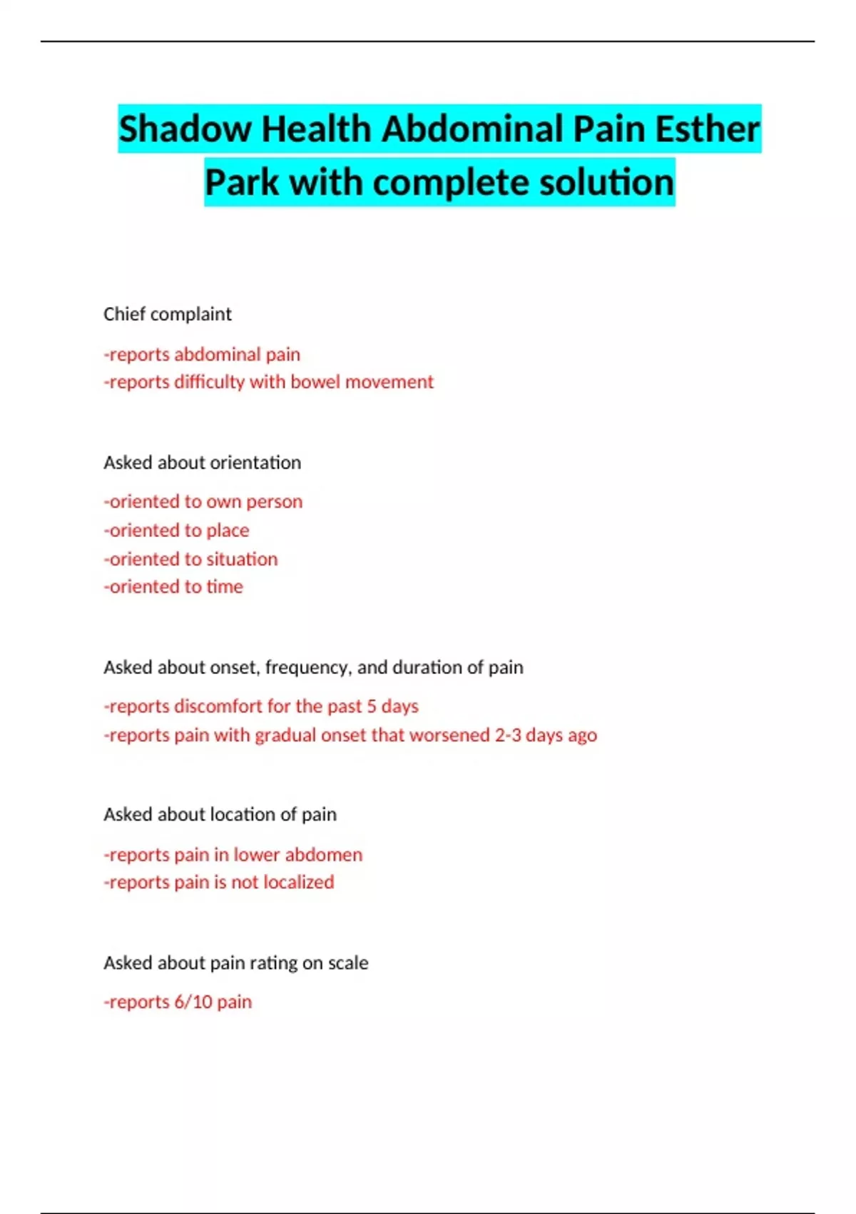Shadow Health Abdominal Pain Esther Park with complete solution ...