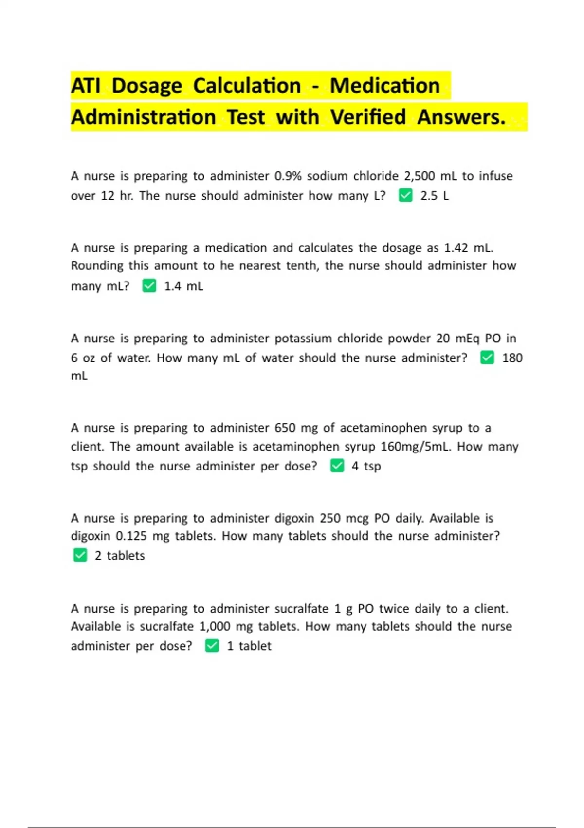 ATI Dosage Calculation - Medication Administration Test with Verified ...