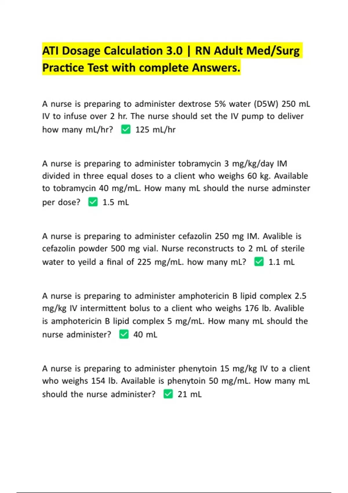 ATI Dosage Calculation 3.0 | RN Adult Med/Surg Practice Test with ...