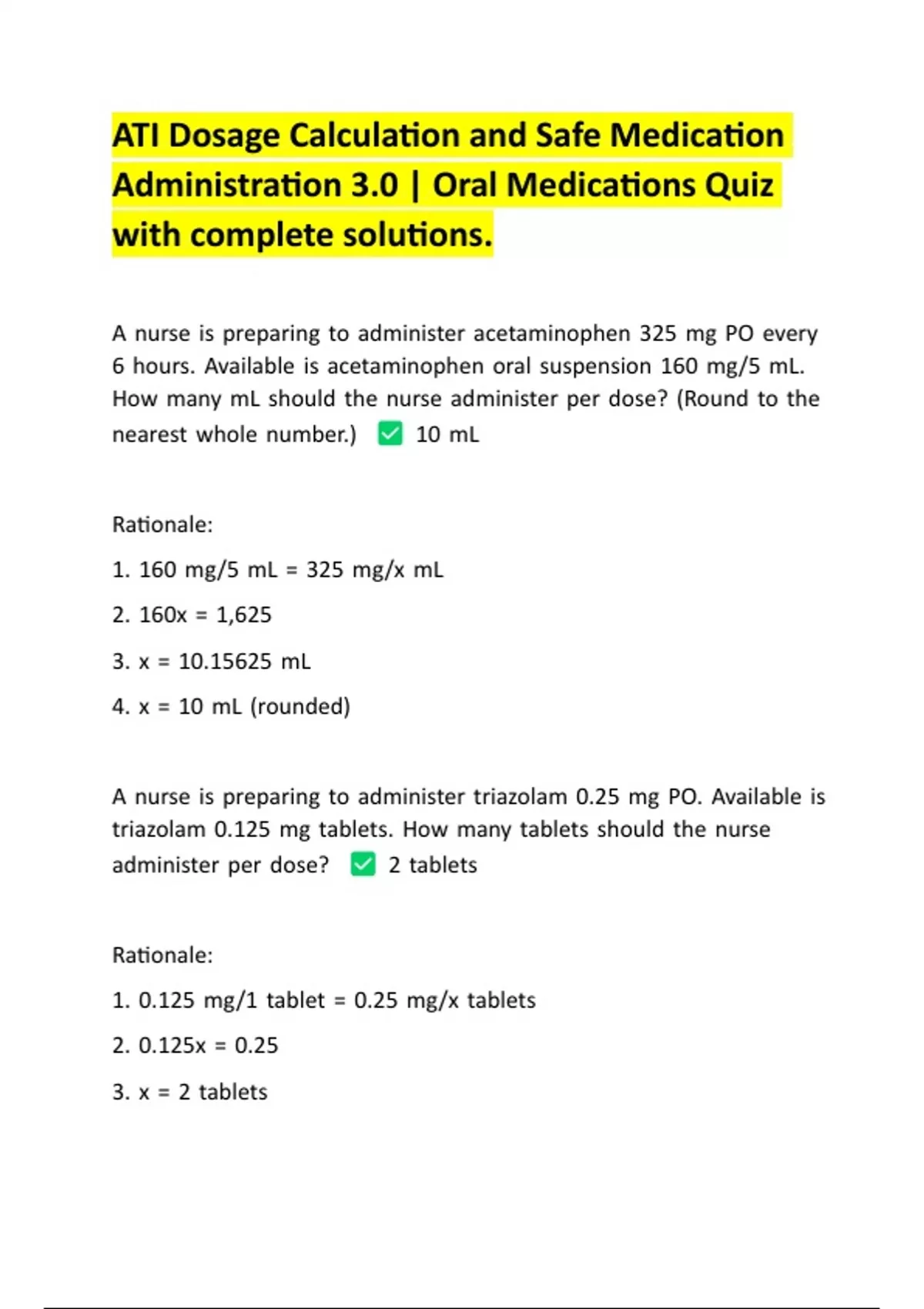 ATI Dosage Calculation and Safe Medication Administration 3.0 | Oral ...