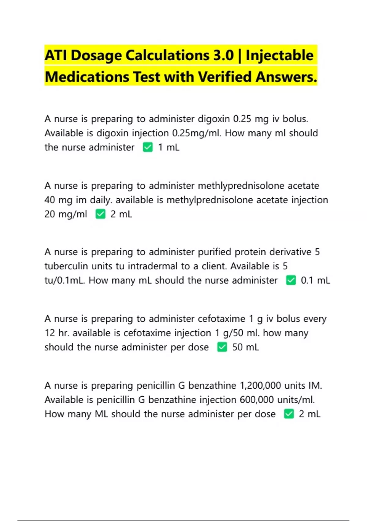 ATI Dosage Calculations 3.0 | Injectable Medications Test with Verified ...