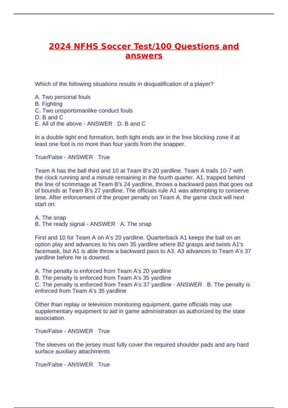 2024 NFHS Soccer Test - 2024 NFHS Soccer - Stuvia US