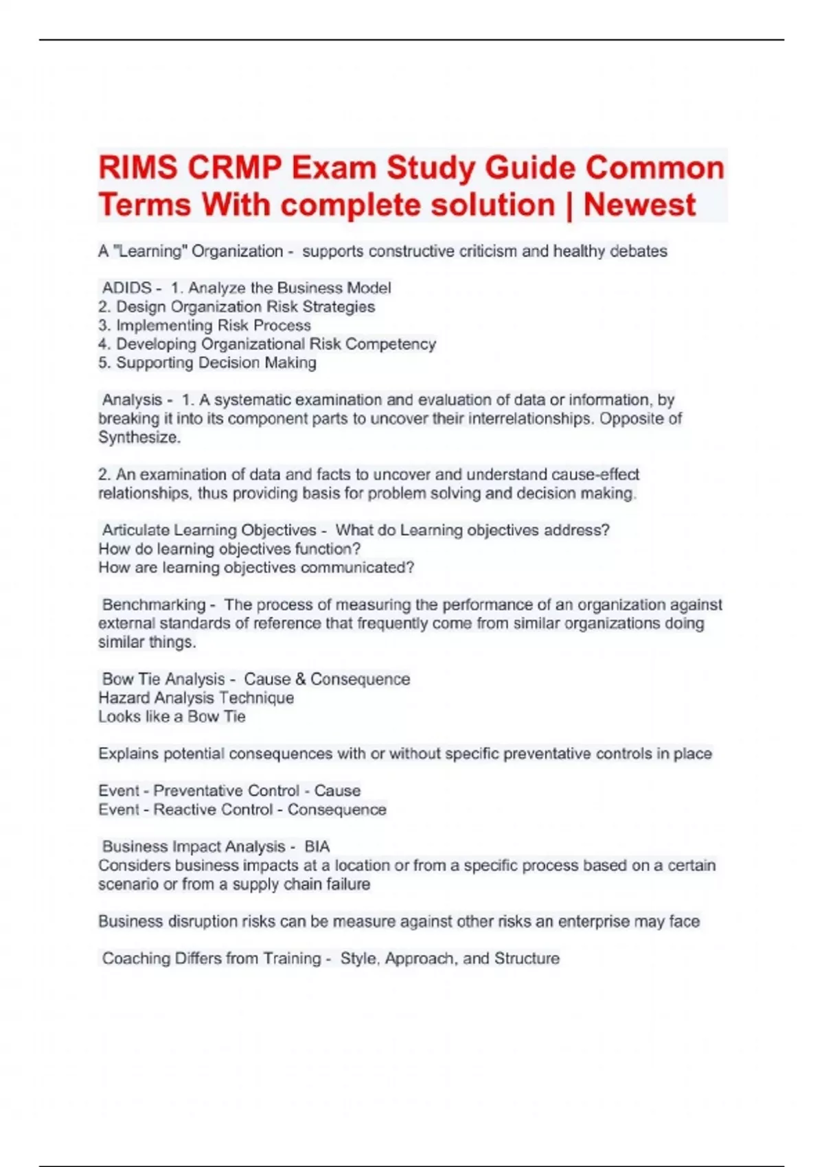 RIMS CRMP Exam Study Guide Common Terms With complete solution | Newest ...