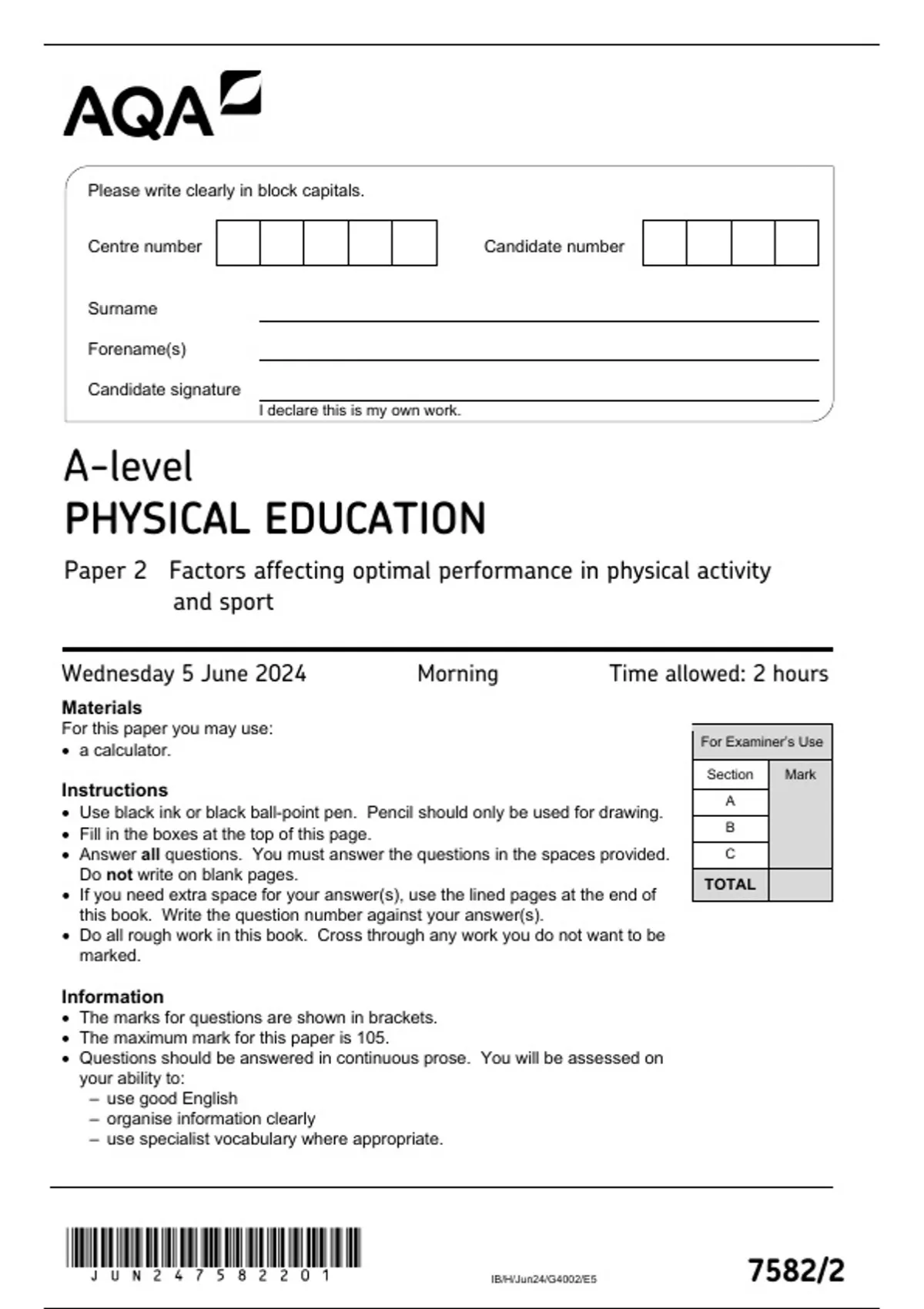 AQA A LEVEL PHYSICAL EDUCATION Paper 2 QUESTION PAPER 2024 (7582-2 ...