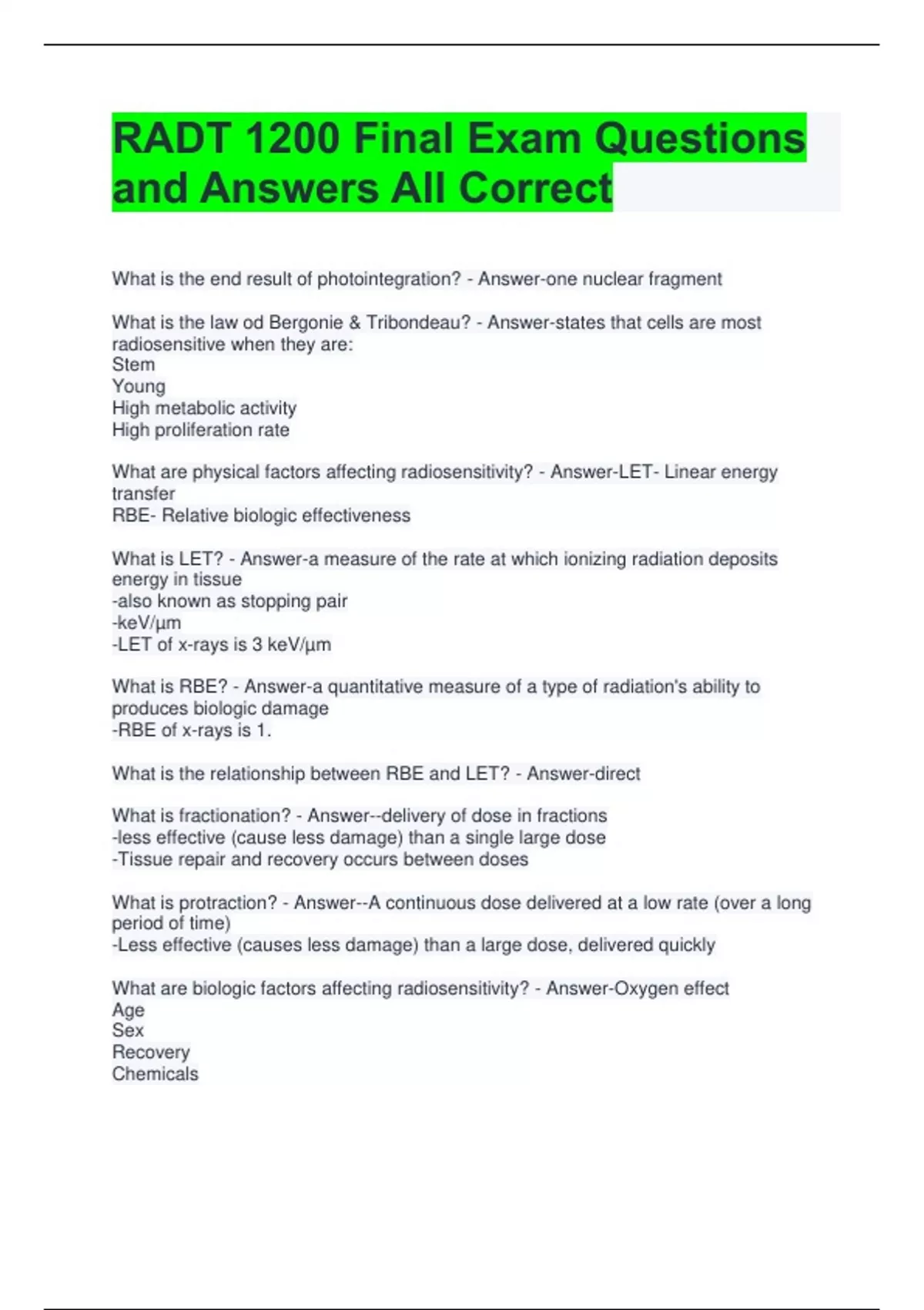 RADT 1200 Final Exam Questions and Answers All Correct - RADT 1200 ...