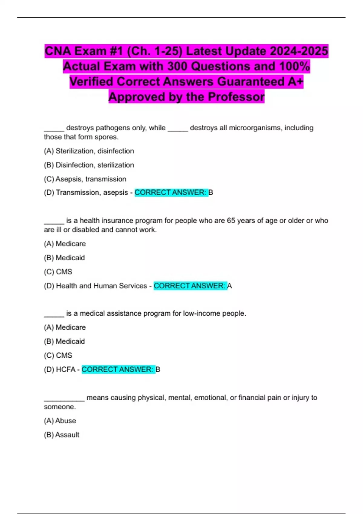 CNA Exam #1 (Ch. 1-25) Latest Update Actual Exam with 300 Questions and ...