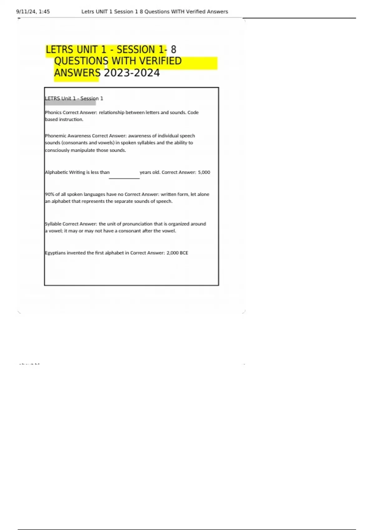 Letrs UNIT 1 Session 1 8 Questions WITH Verified Answers - Fundamentals ...