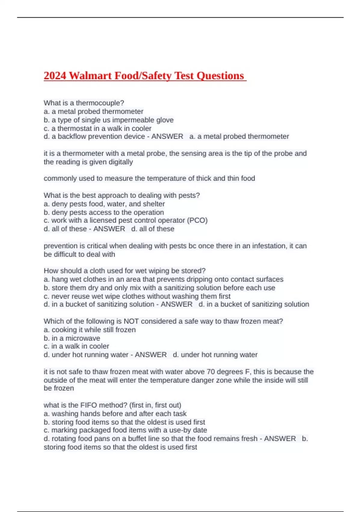 2024 Walmart Food/Safety Test Questions - 2024 Walmart Food/Safety ...