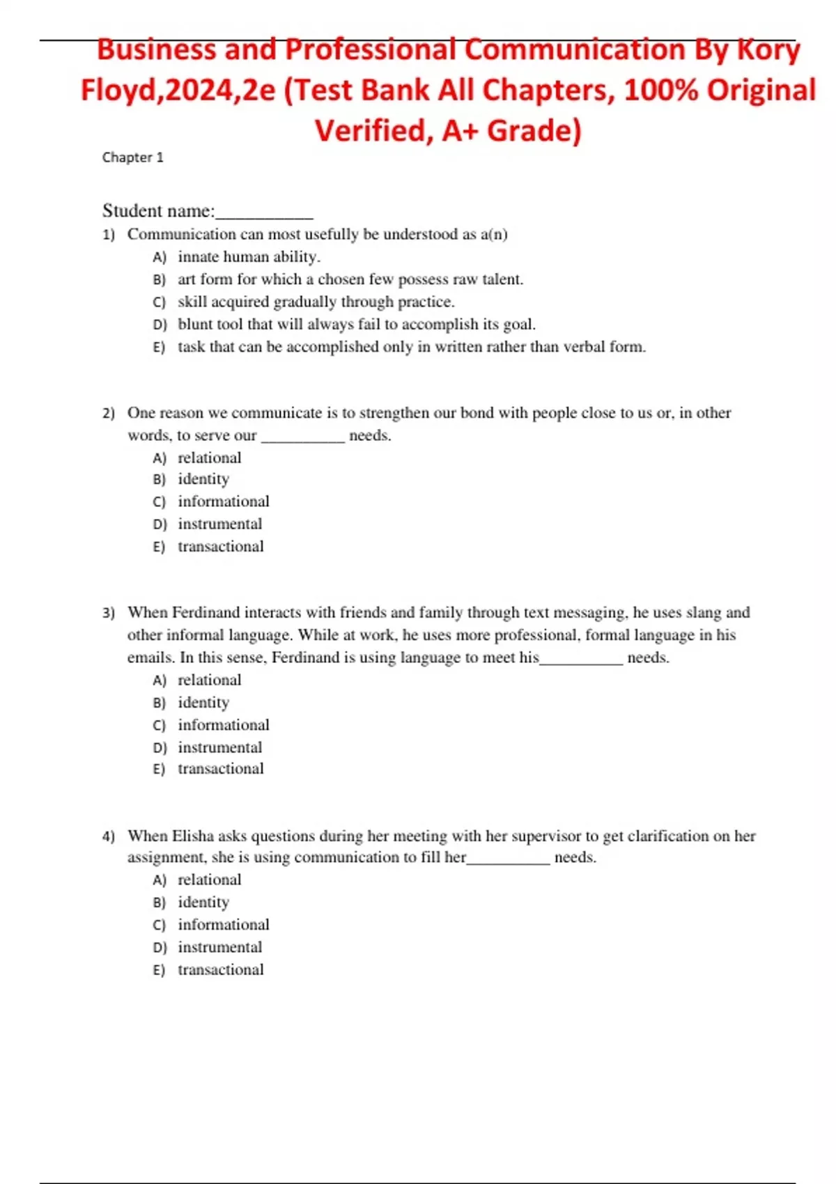 Test Bank For Business and Professional Communication 2024 2nd Edition ...