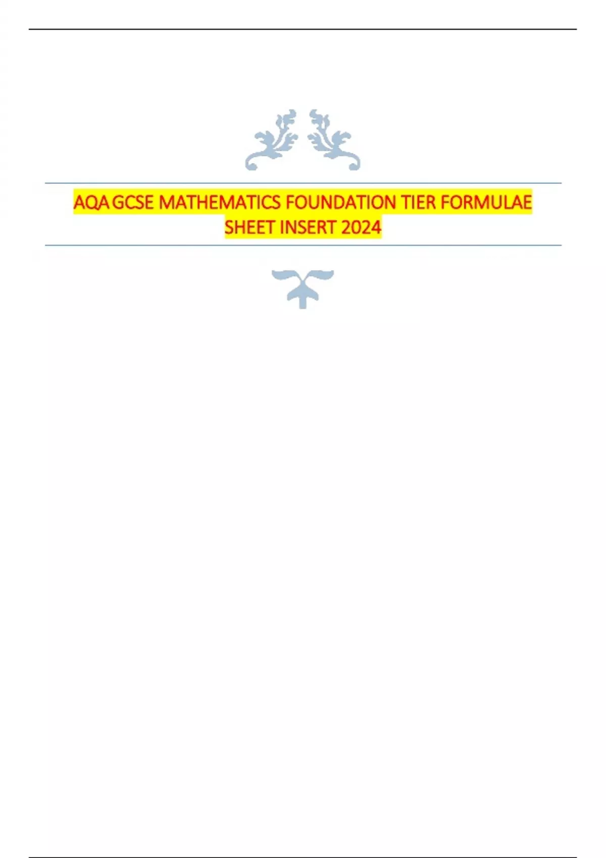 AQAGCSE MATHEMATICS FOUNDATION TIER FORMULAE SHEET INSERT 2024 ...