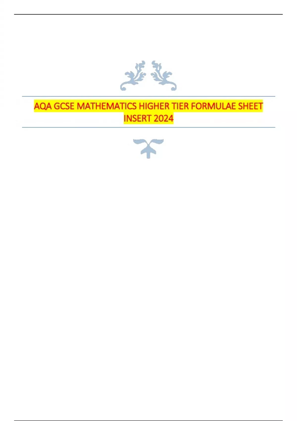 AQA GCSE MATHEMATICS HIGHER TIER FORMULAE SHEET INSERT 2024 - AQA GCSE ...