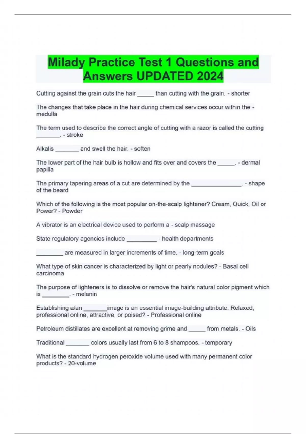 Milady Practice Test 1 Questions and Answers UPDATED 2024 - Milady ...