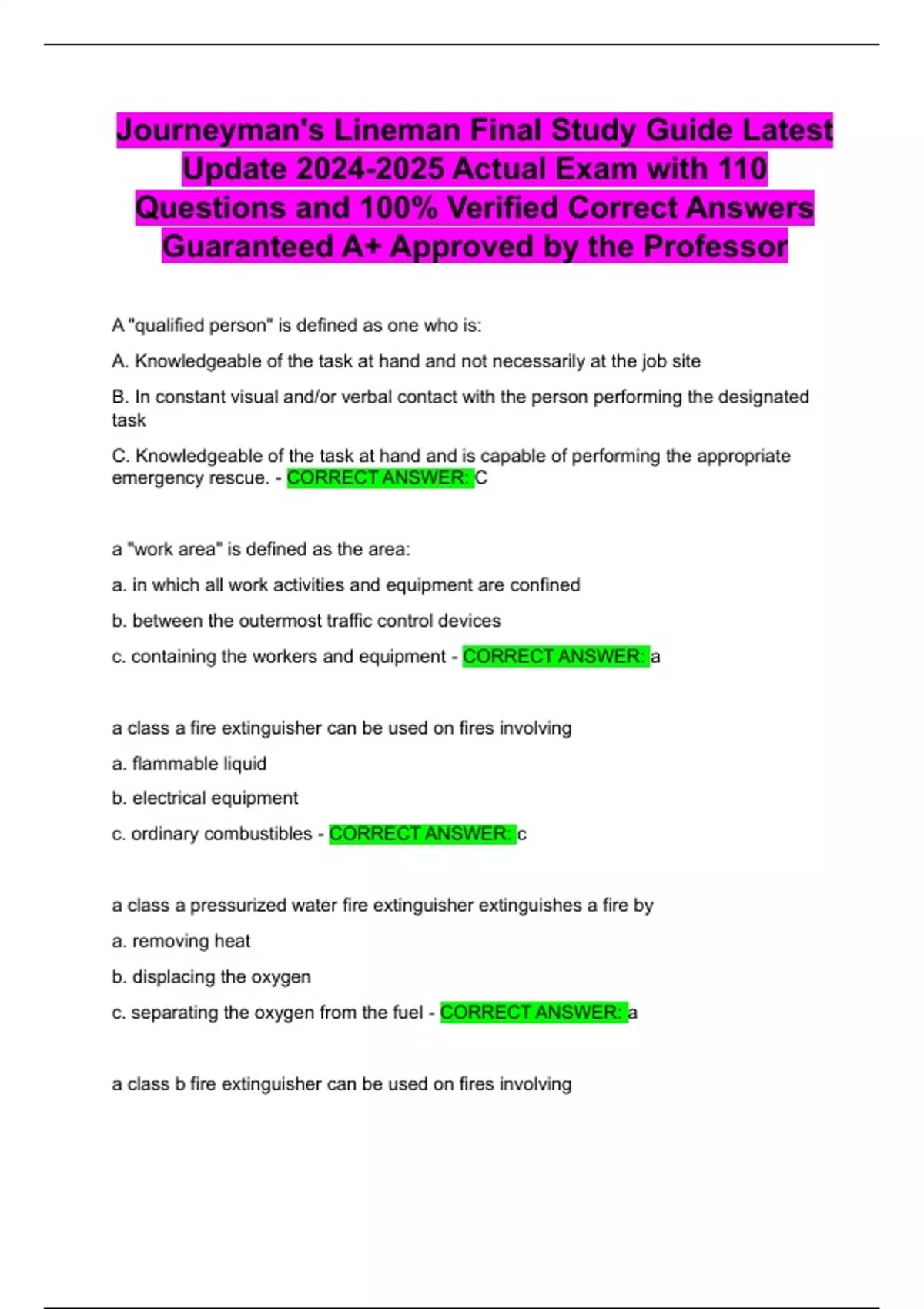 Journeyman's Lineman Final Study Guide Latest Update Actual Exam with ...