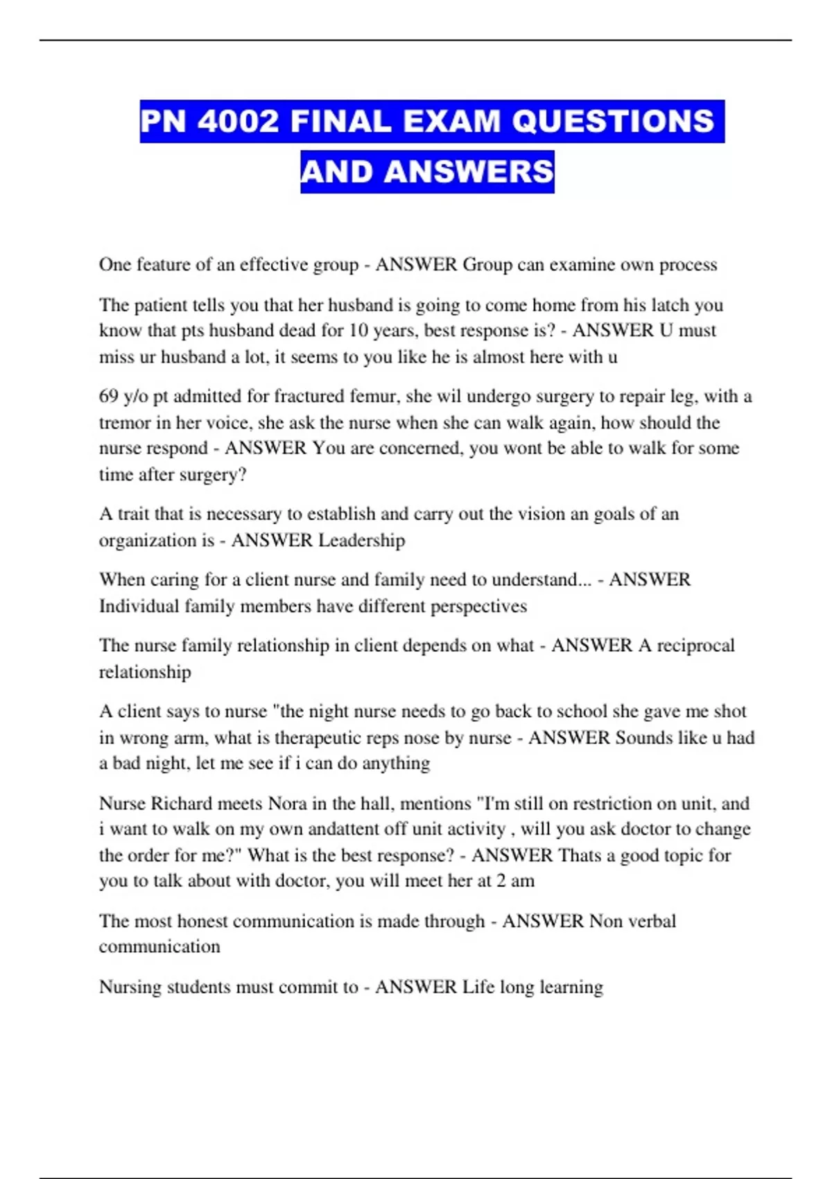 PN 4002 FINAL EXAM QUESTIONS AND ANSWERS - PN 4002 - Stuvia US