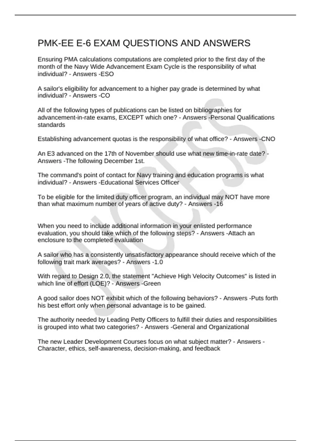 PMK-EE E-6 EXAM QUESTIONS AND ANSWERS - PMK-EE E-6 - Stuvia US