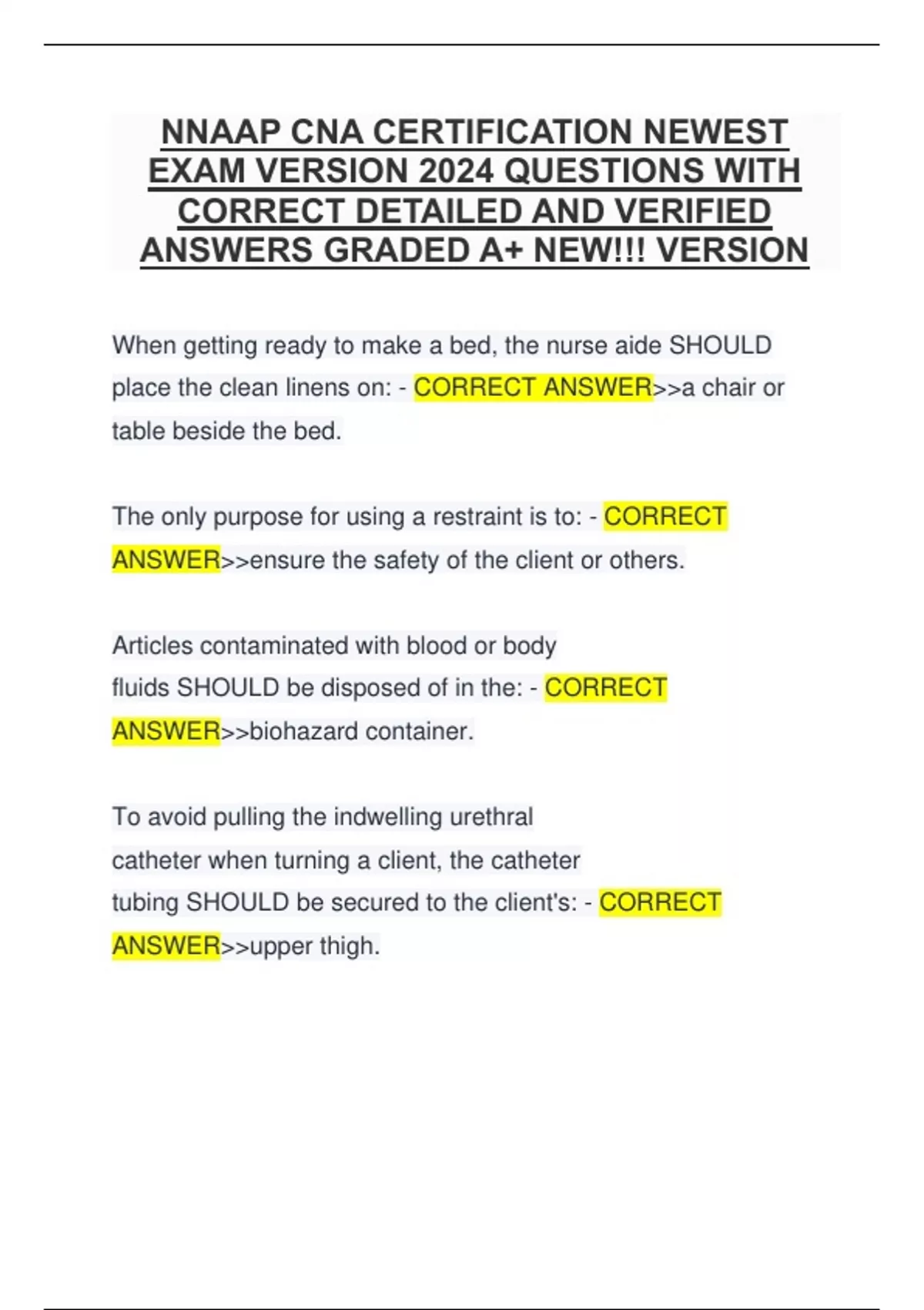 NNAAP CNA CERTIFICATION NEWEST EXAM VERSION 2024 QUESTIONS WITH CORRECT ...
