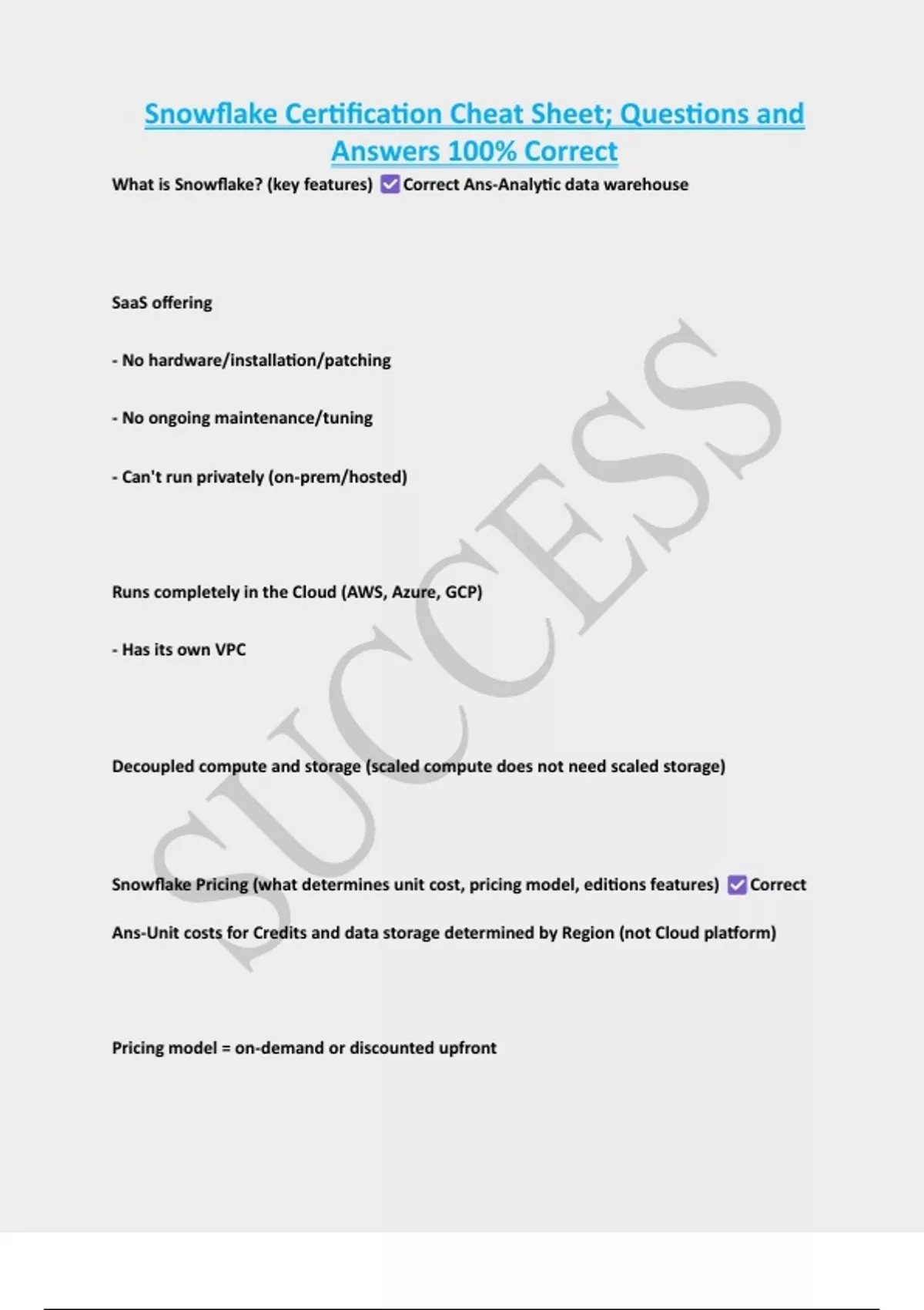 Snowflake Certification Cheat Sheet; Questions and Answers 100% Correct ...